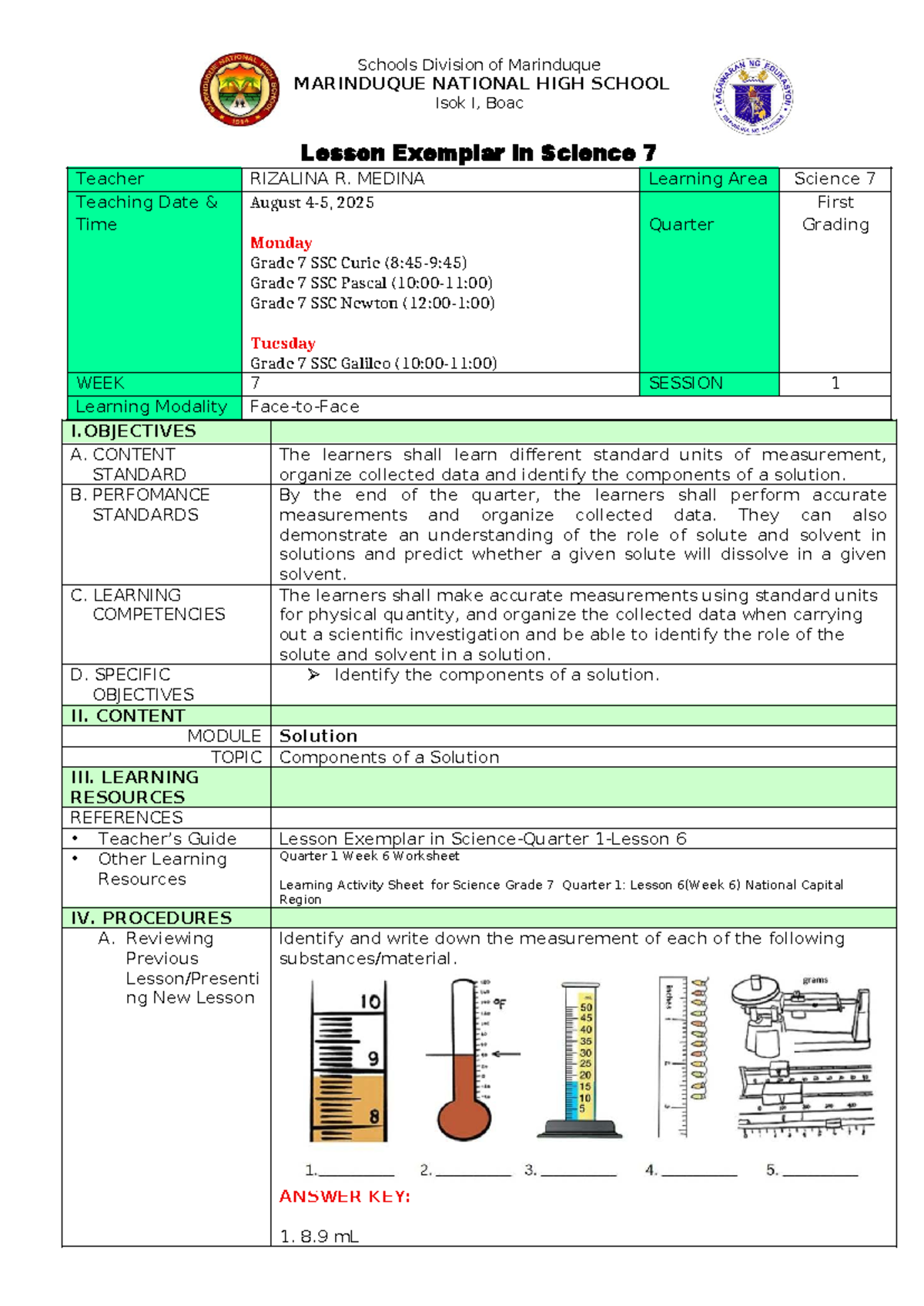 Lesson Exemplar in Science 7: Solutions and Measurements - Studocu