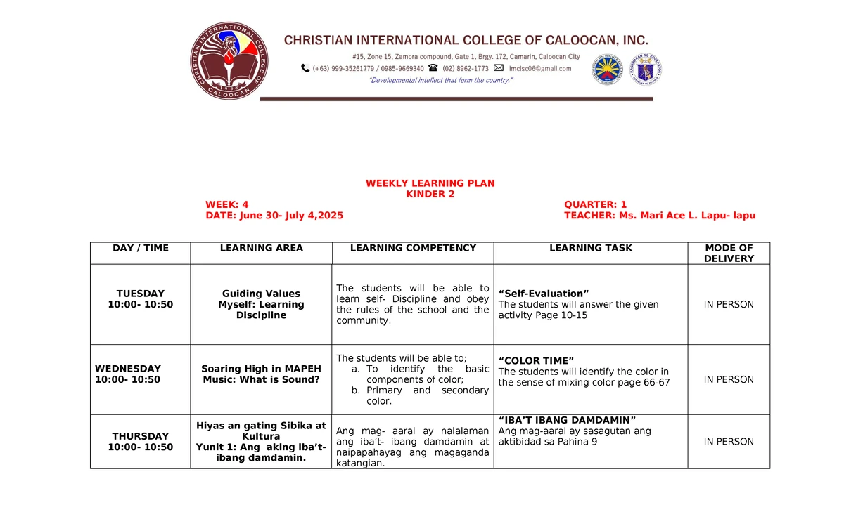 Kinder 2 - WEEK 5 Weekly Lesson Plan (July 11, 2025) - Studocu