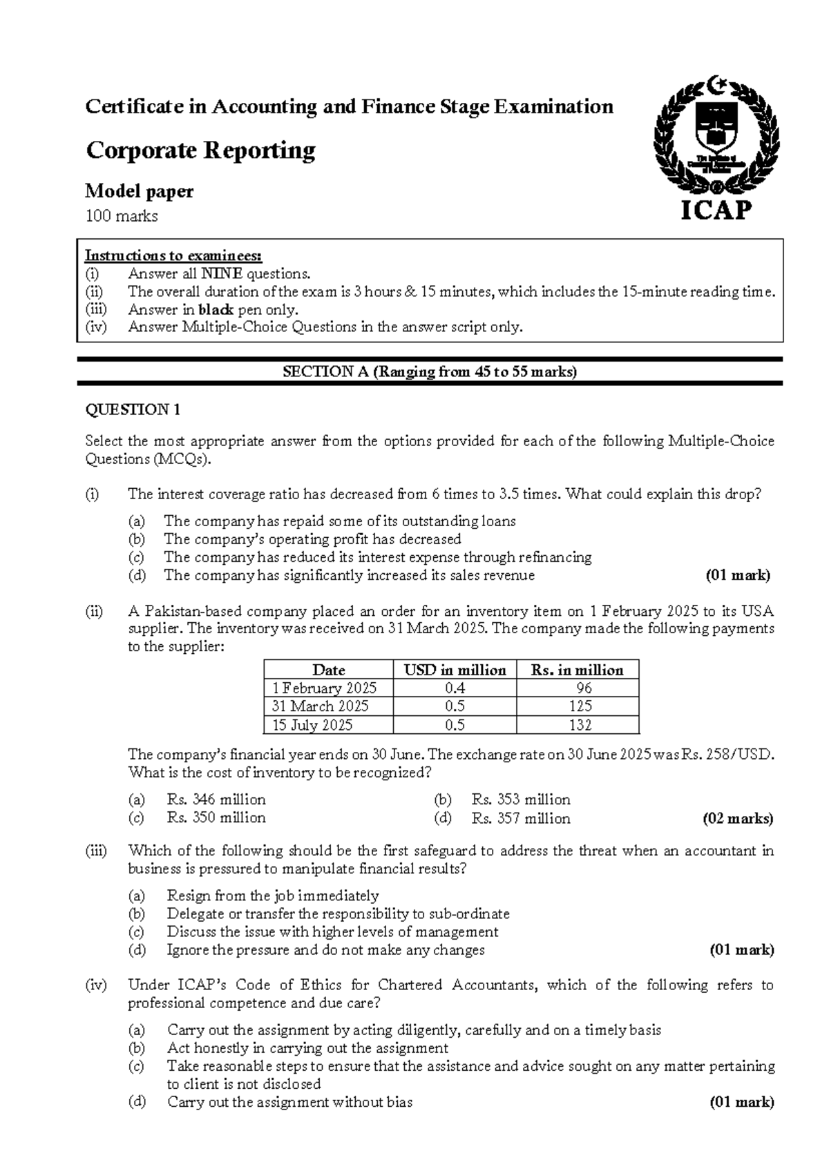 CAF-6-MP Corporate Reporting Model Paper Exam Notes for ICMA & ICAP ...