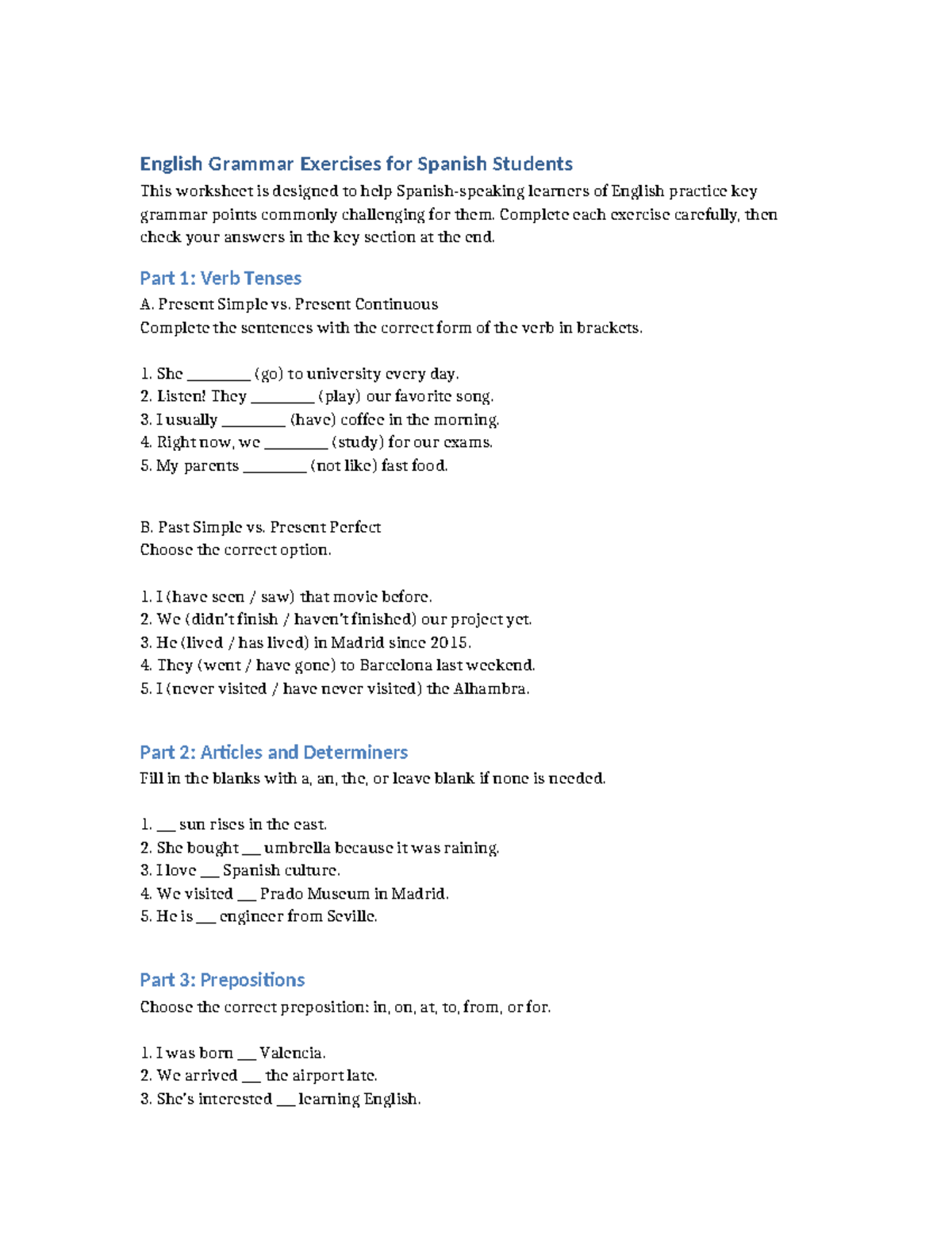English Grammar Exercises for Spanish Learners: Practice Worksheet ...