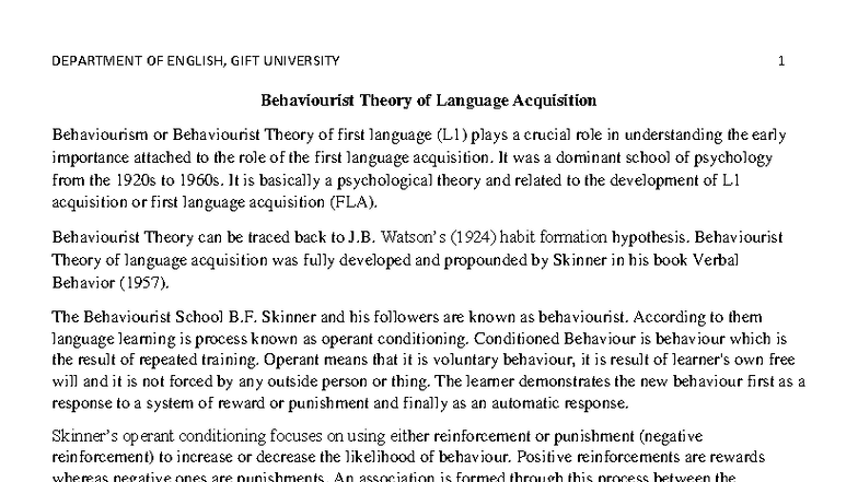 Behaviourist Theory of Language Acquisition: Insights and Experiments ...
