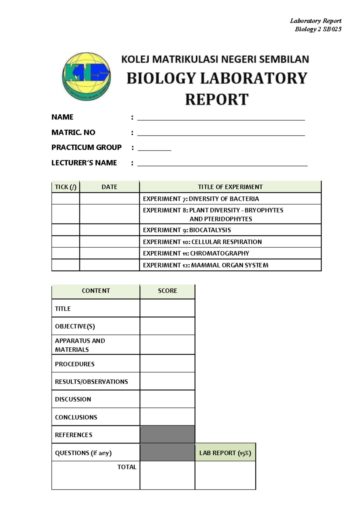 Front page lab report Sem 2 20252026 - Laboratory Report Biology 2 SB0 ...