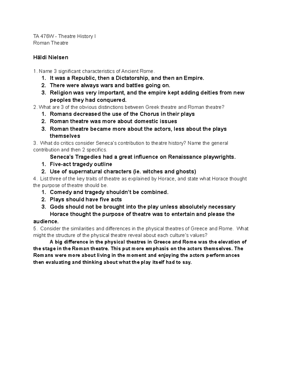 TA 476W Roman Theatre Worksheet: Key Aspects and Contributions - Studocu