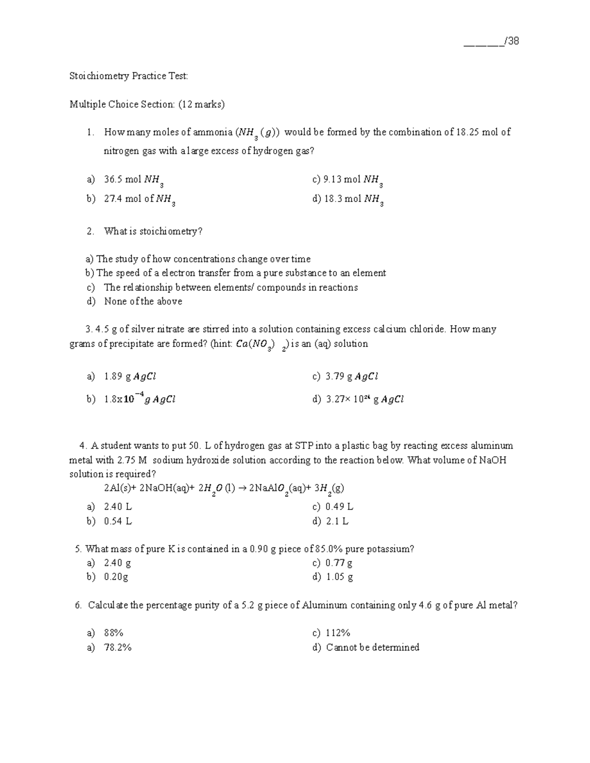 Stoichiometry Practice Test Solutions: MCQ & Problem Solving - Studocu