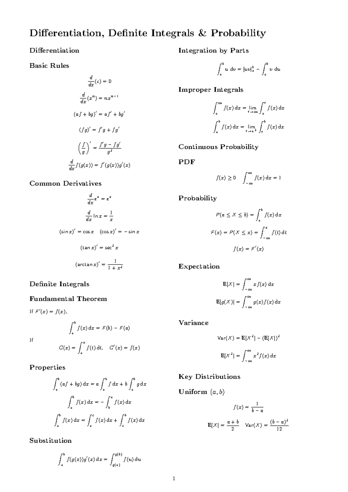 Integration & Differentiation Rules: Key Concepts & Formulas - Studocu