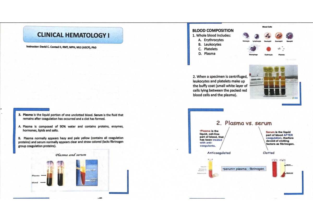 HEMA 1 Lecture Notes: Blood Composition and Hematology Basics - Studocu