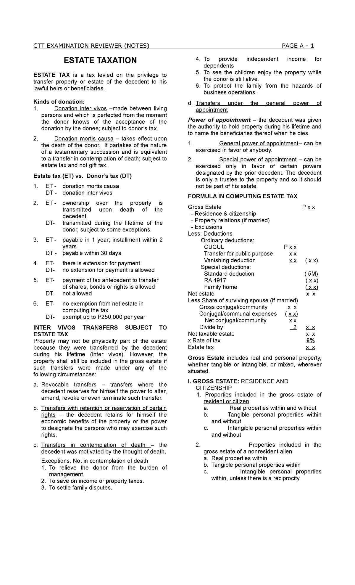 Estate Taxation (ET) Overview and Key Concepts - REVIEWER - Studocu