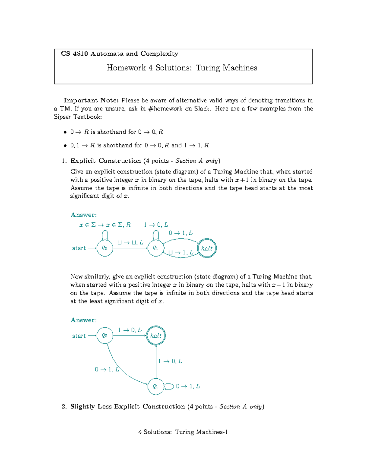CS 4510 Homework 4 Solutions: Turing Machines & Constructions - Studocu