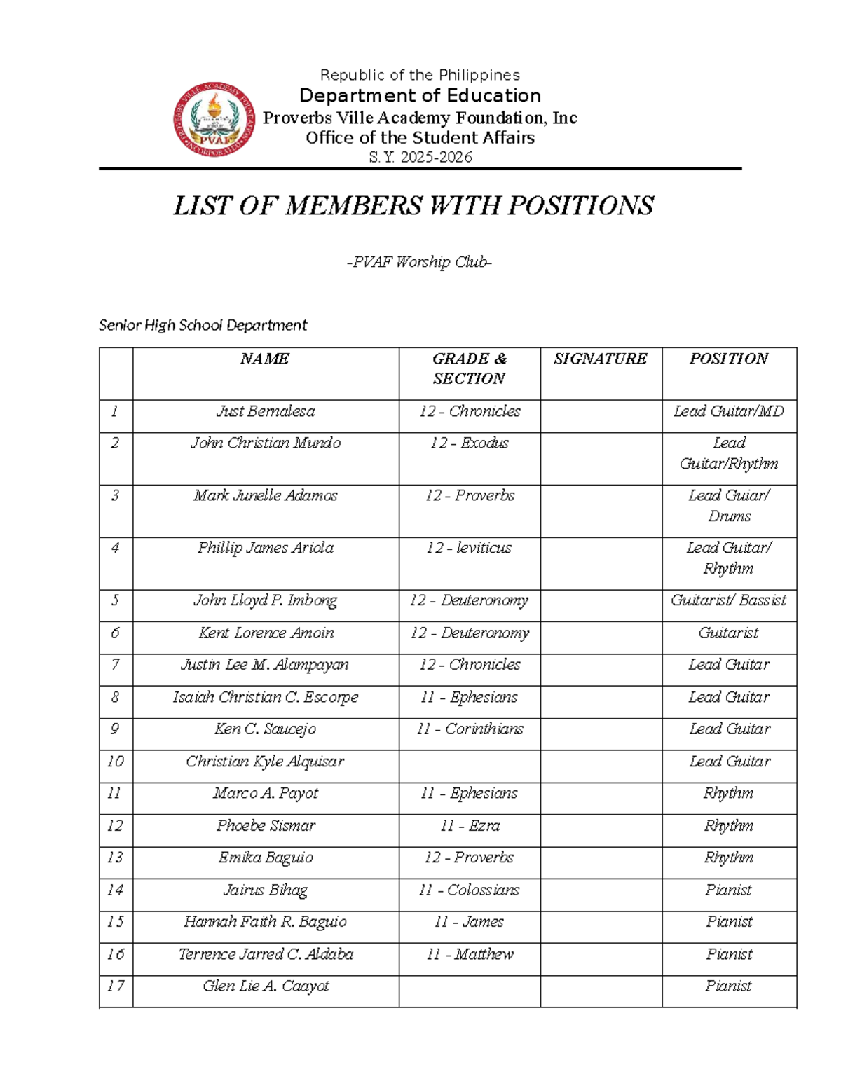 SSLG Club Members List with Positions - S.Y. 2023-2024 - Studocu