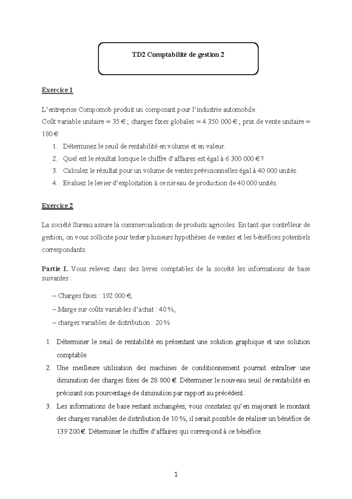 TD CG2 - Exercices et Résultats en Comptabilité de Gestion - Studocu