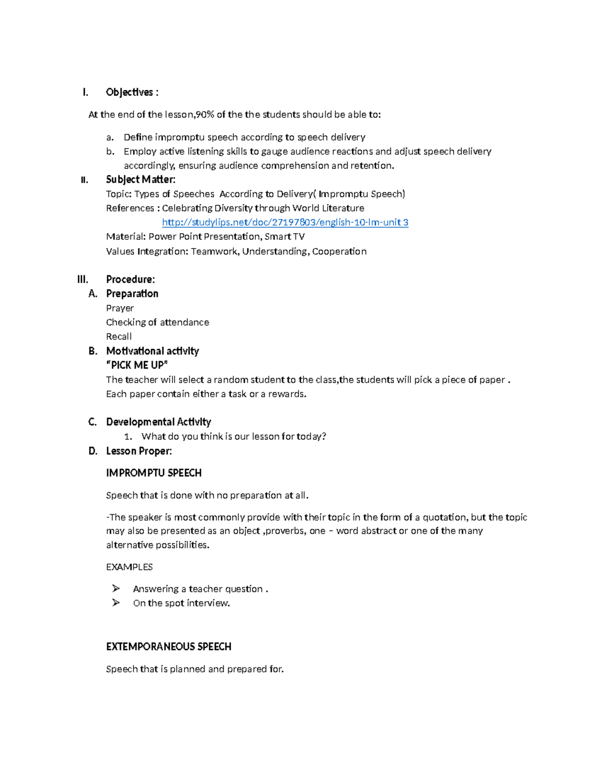 Lesson Plan: Impromptu Speech (English 10) - Objectives & Activities ...