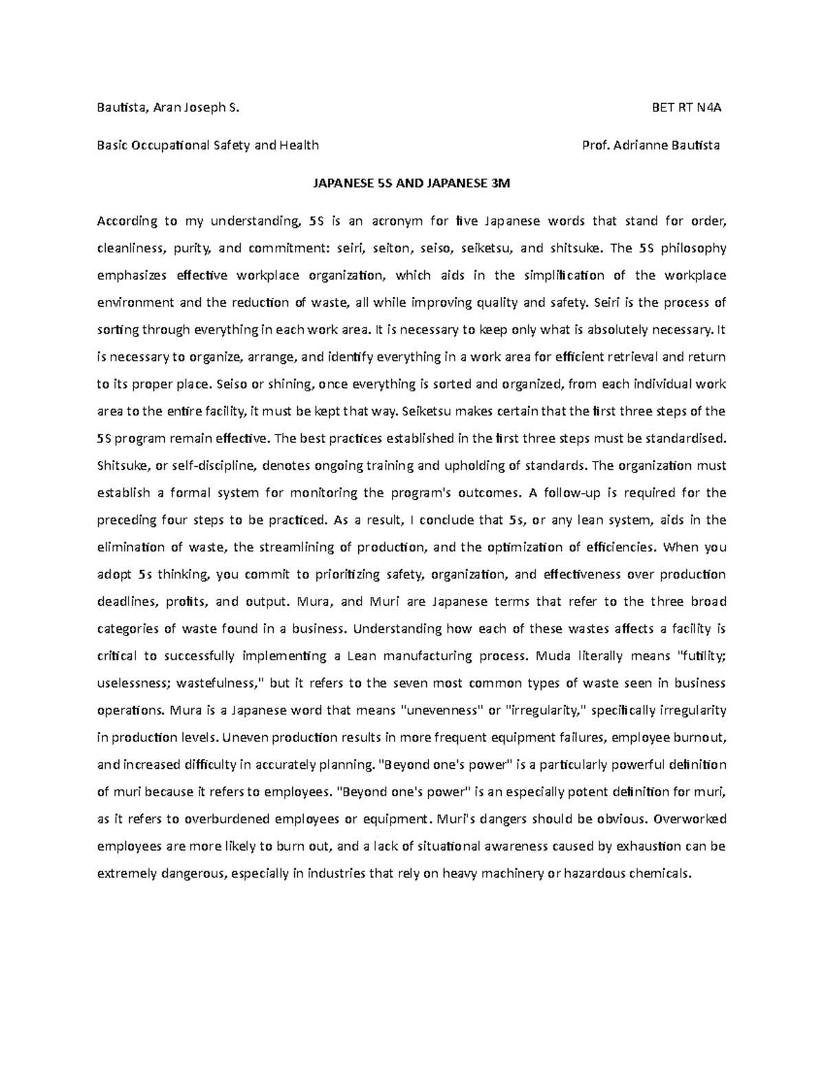 Assignment 3 Bautista - Bautista, Aran Joseph S. BET RT N4A Basic Occupational Safety and Health ...