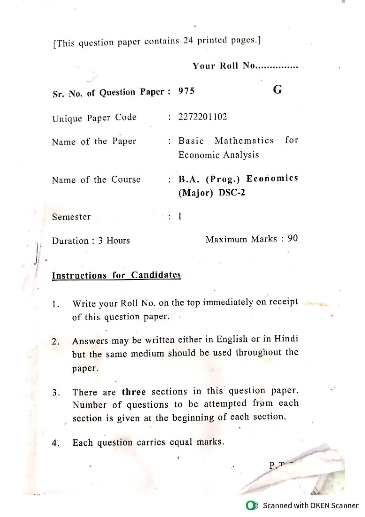 B.A. (Prog.) Economics I Sem: Basic Mathematics PYQ Paper - Studocu