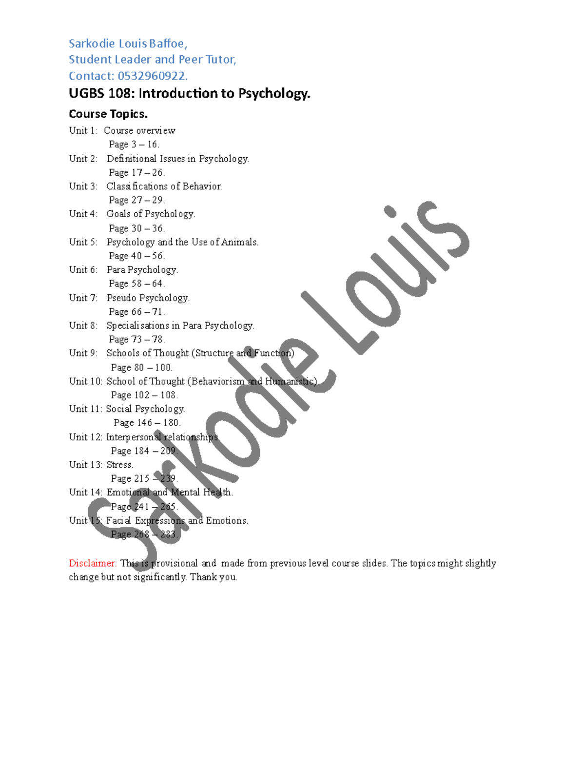 UGBS 108: Introduction to Psychology Course Topics Overview - Studocu