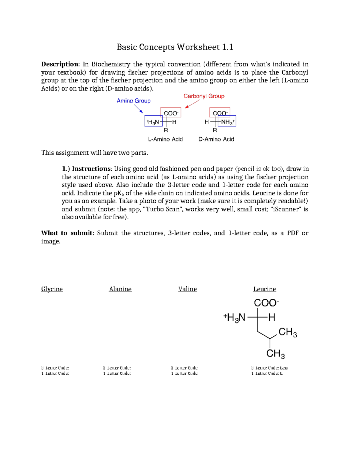 Biochem 101: Basic Concepts Worksheet on Amino Acid Projections - Studocu