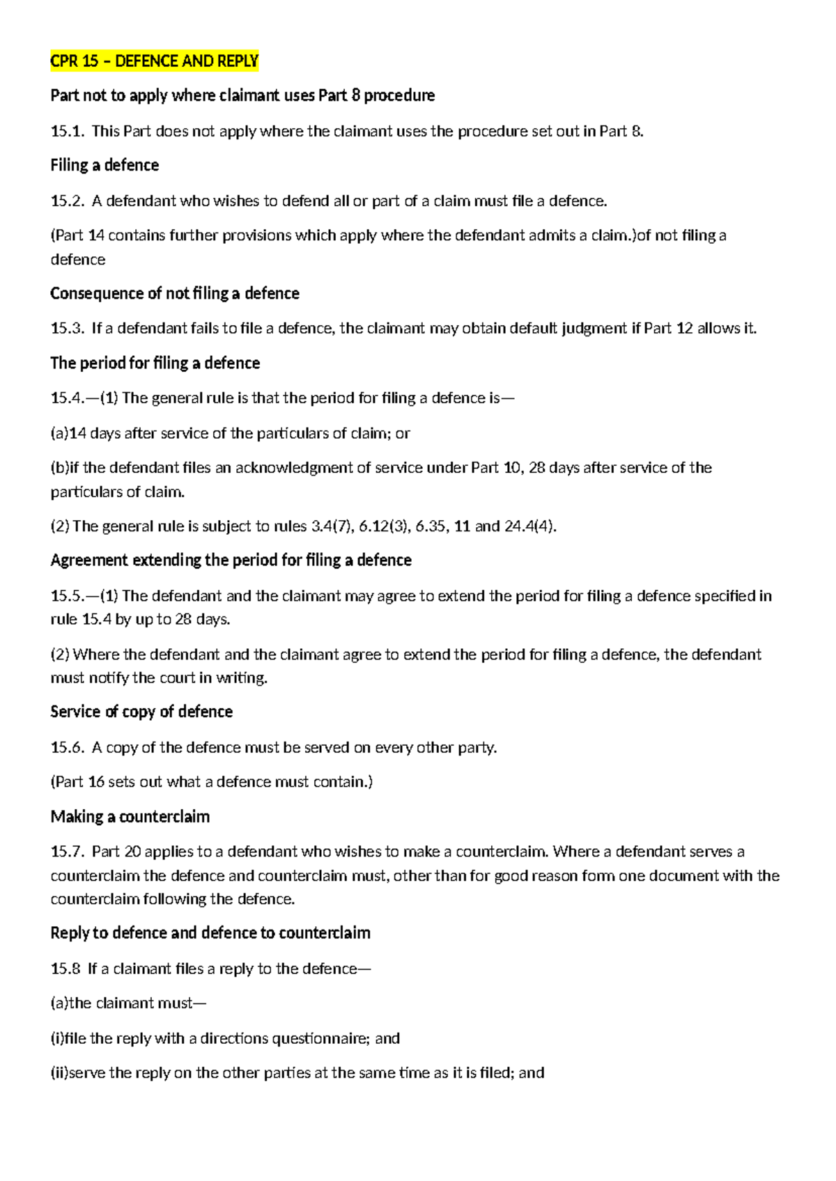 CPR 15 Defence and Reply: Filing, Consequences, and Procedures ...
