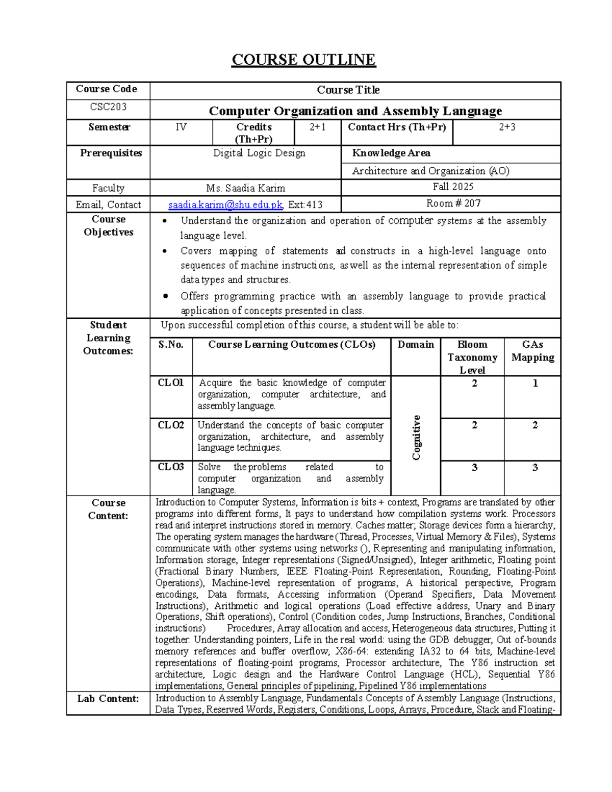 CSC203 Course Outline: Computer Organization & Assembly Language IV ...