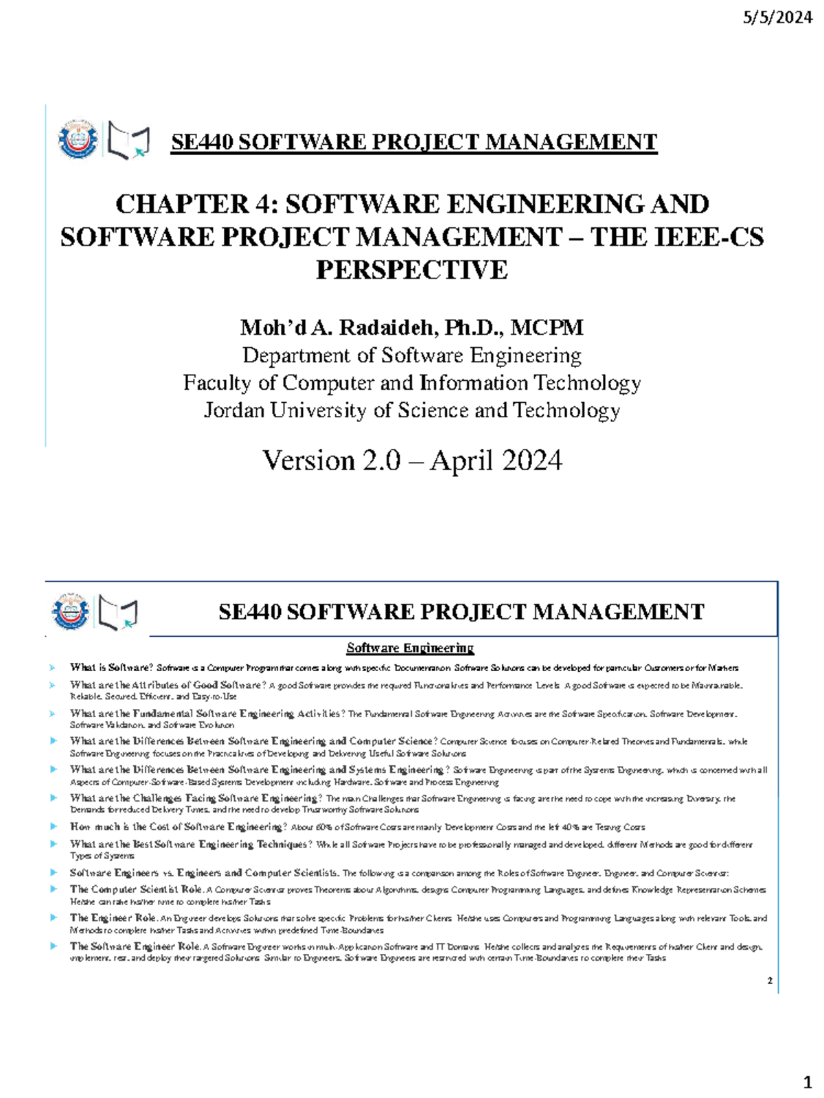 SE440 SOFTWARE PROJECT MANAGEMENT CHAPTER 4: SOFTWARE ENGINEERING OVERVIEW - Studocu