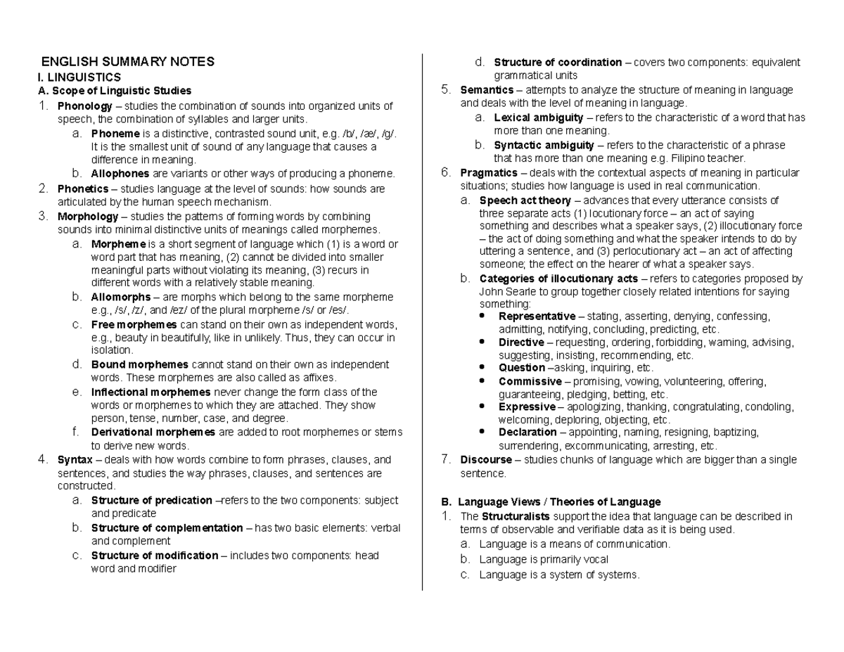 ENGLISH SUMMARY NOTES: LINGUISTICS MAJOR STUDY GUIDE - Studocu