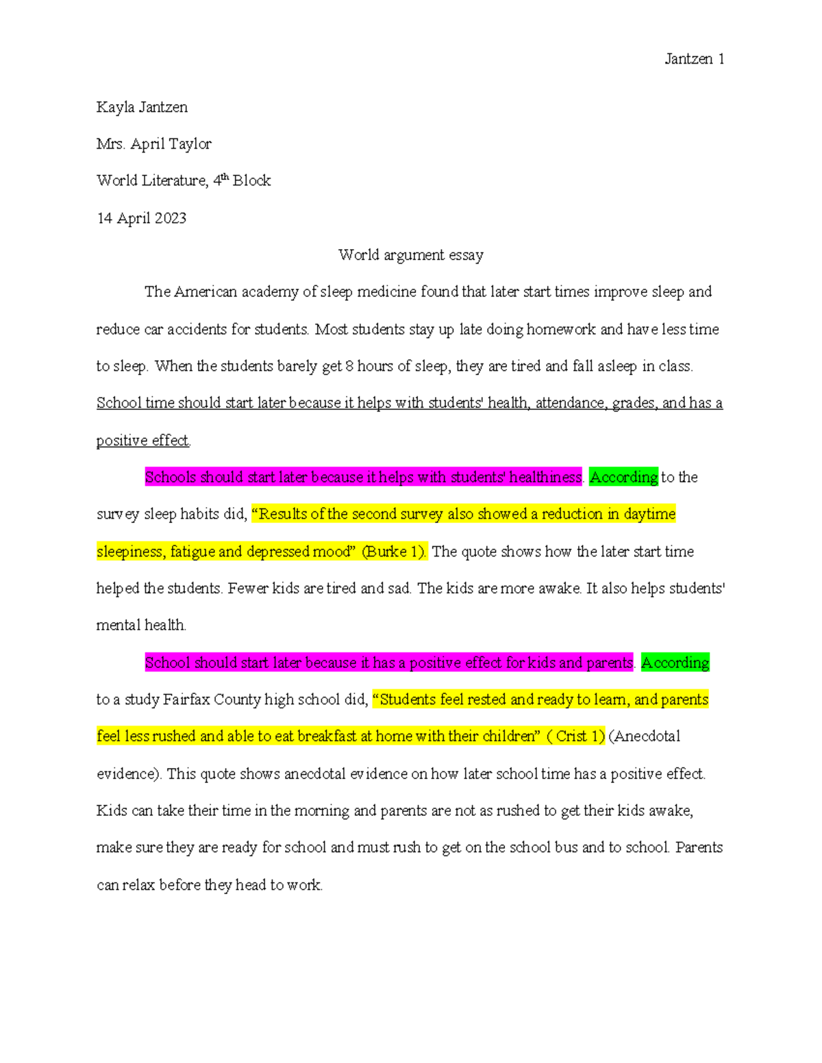 World Literature Argument Essay: The Case for Later School Start Times ...