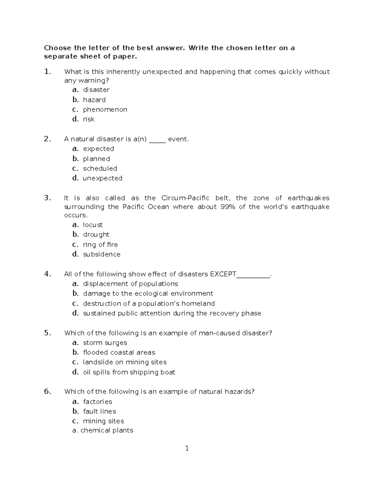DRRR L-1 Weekly Quiz: Understanding Disasters and Hazards - Studocu
