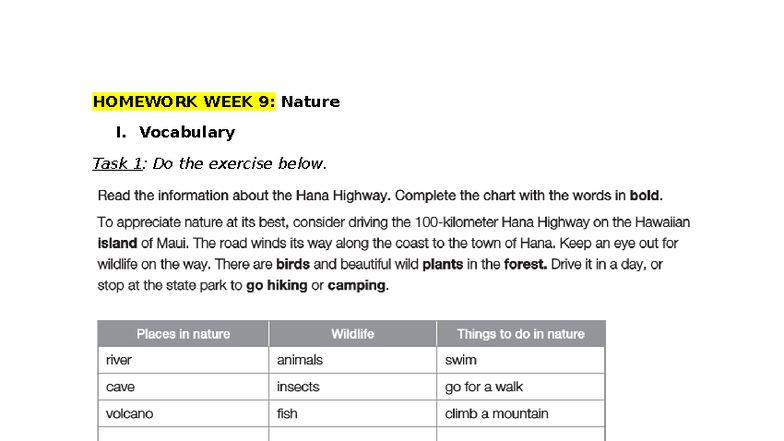 Ecom 1 - Week 9 Homework: Nature & Vocabulary Tasks - Studocu