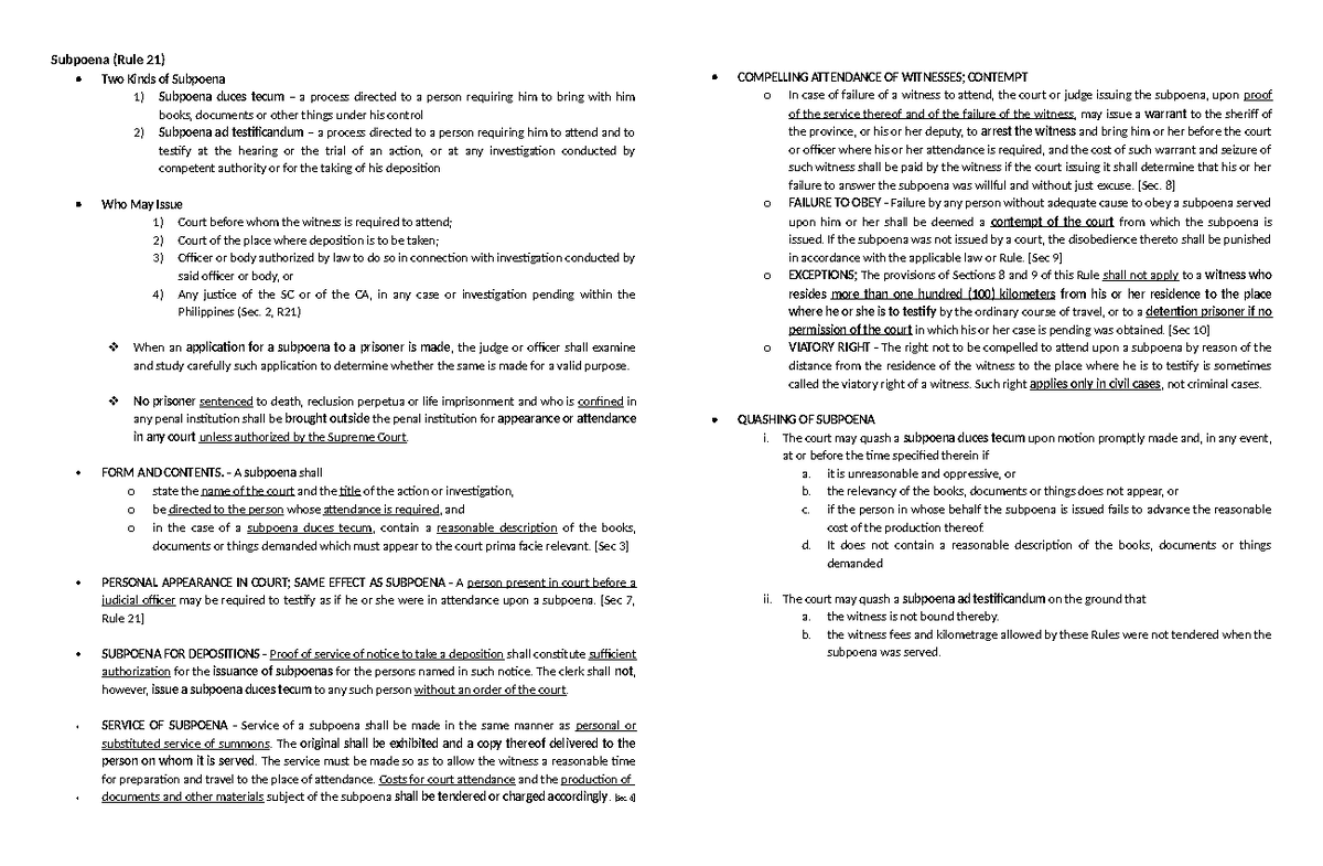 Subpoena Rules: Types, Issuance, and Compliance Guidelines - Studocu