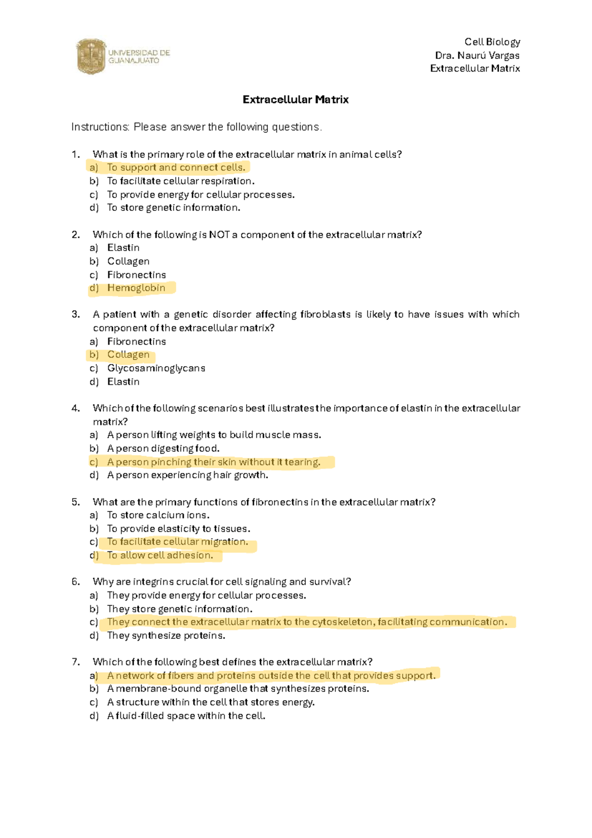 Cell Biology: Extracellular Matrix Study Guide for Dra. Naurú Vargas ...