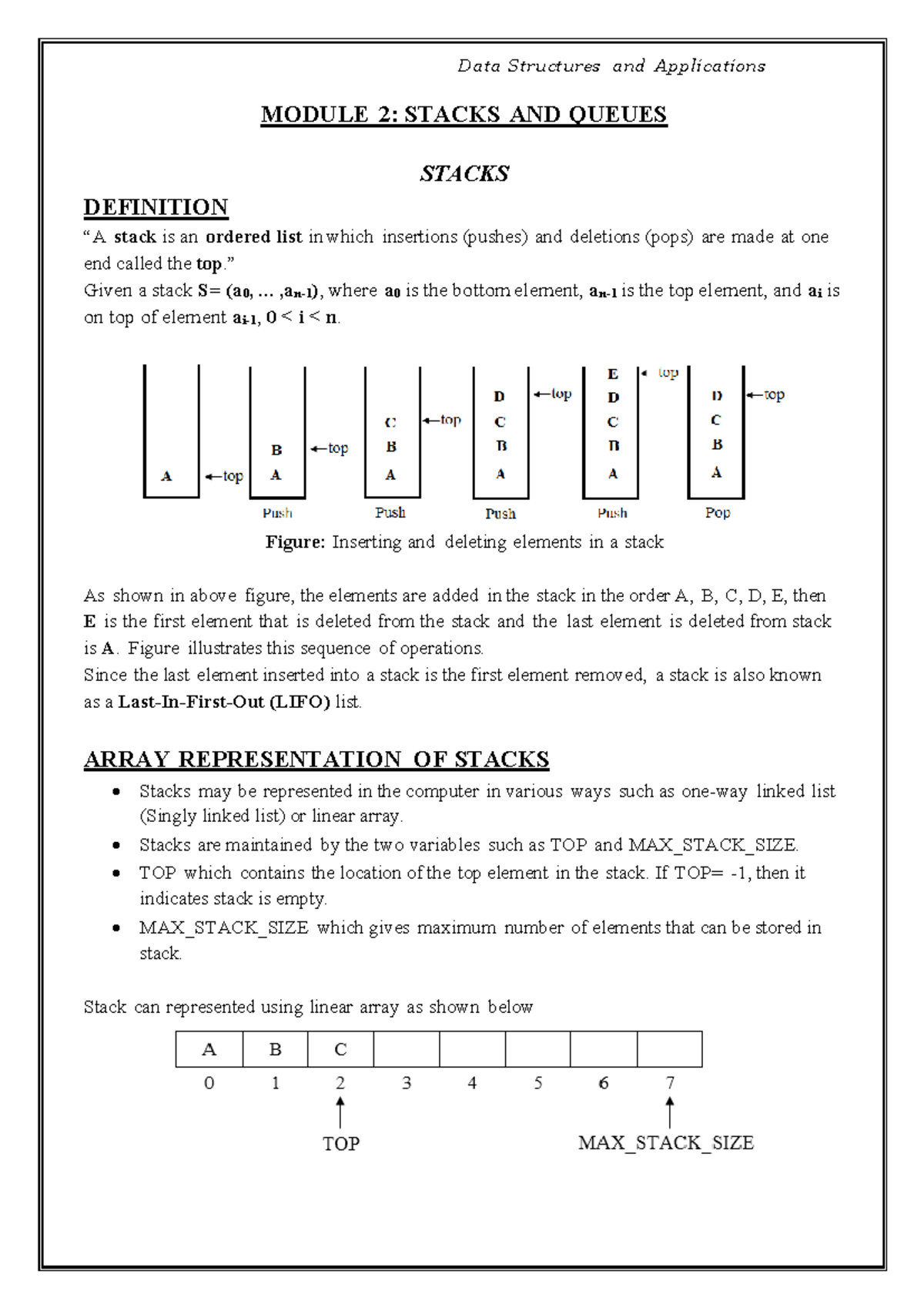 DSA-MOD-2: Stacks and Queues Overview and Operations - Studocu