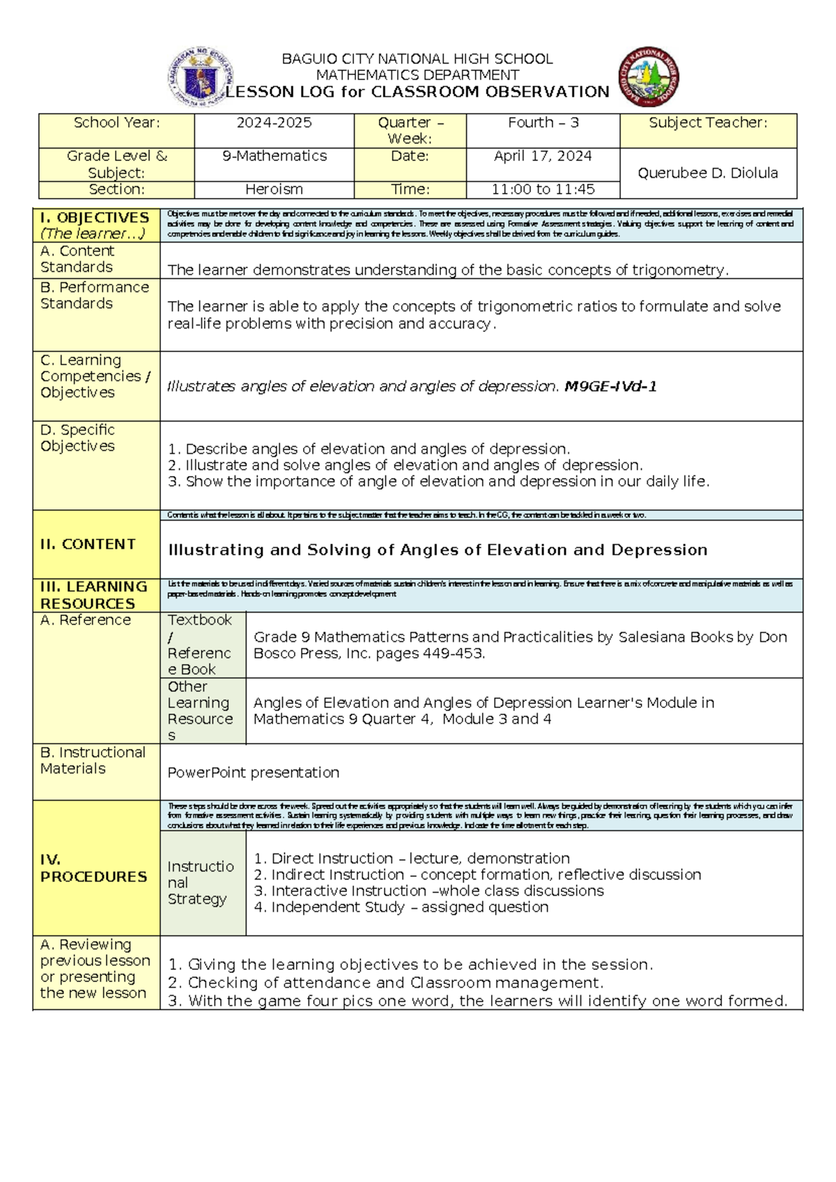BAGUIO CITY NATIONAL HIGH SCHOOL MATH COT-DLL: Angles of Elevation ...
