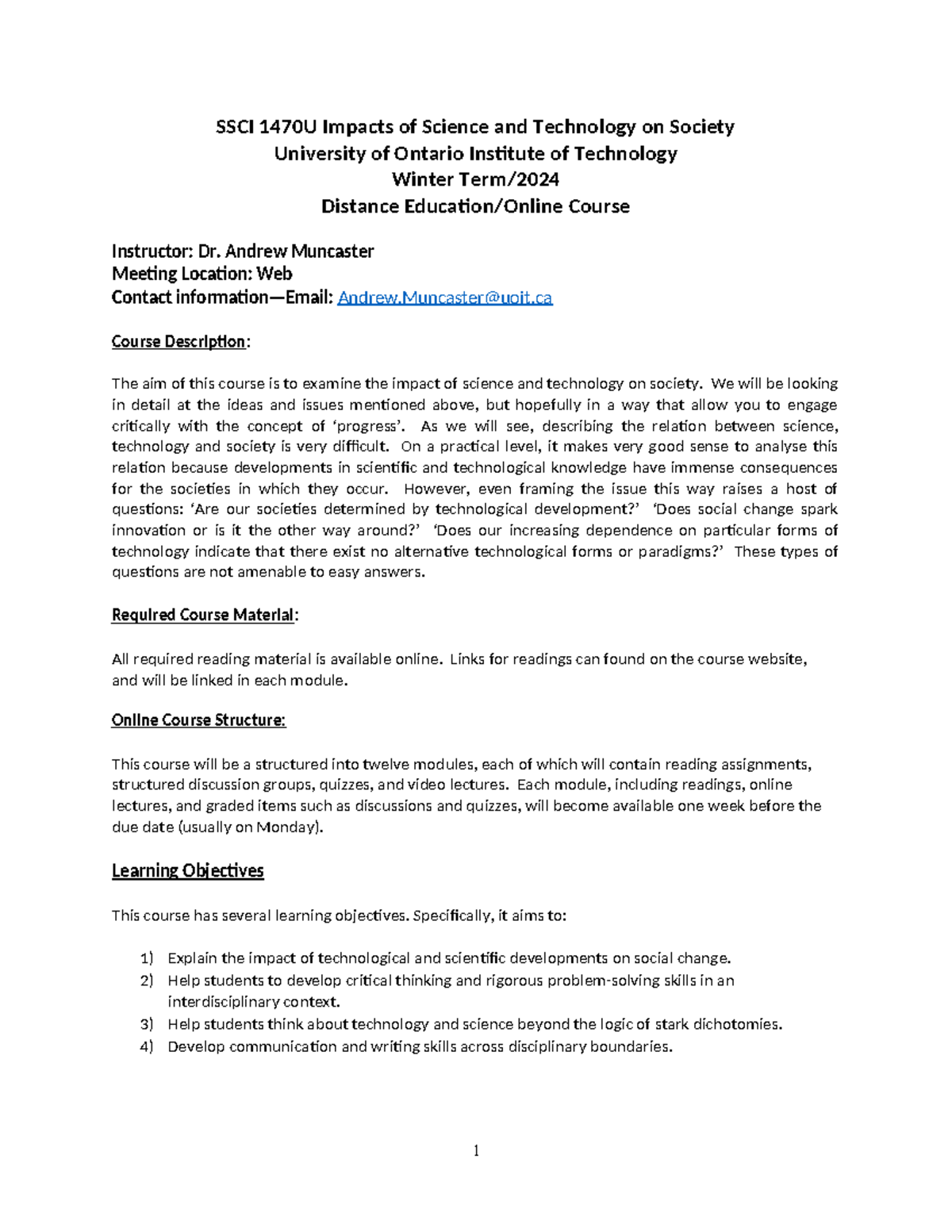 SSCI 1470U Impacts of Science & Tech on Society Syllabus for Winter 2024 - Studocu