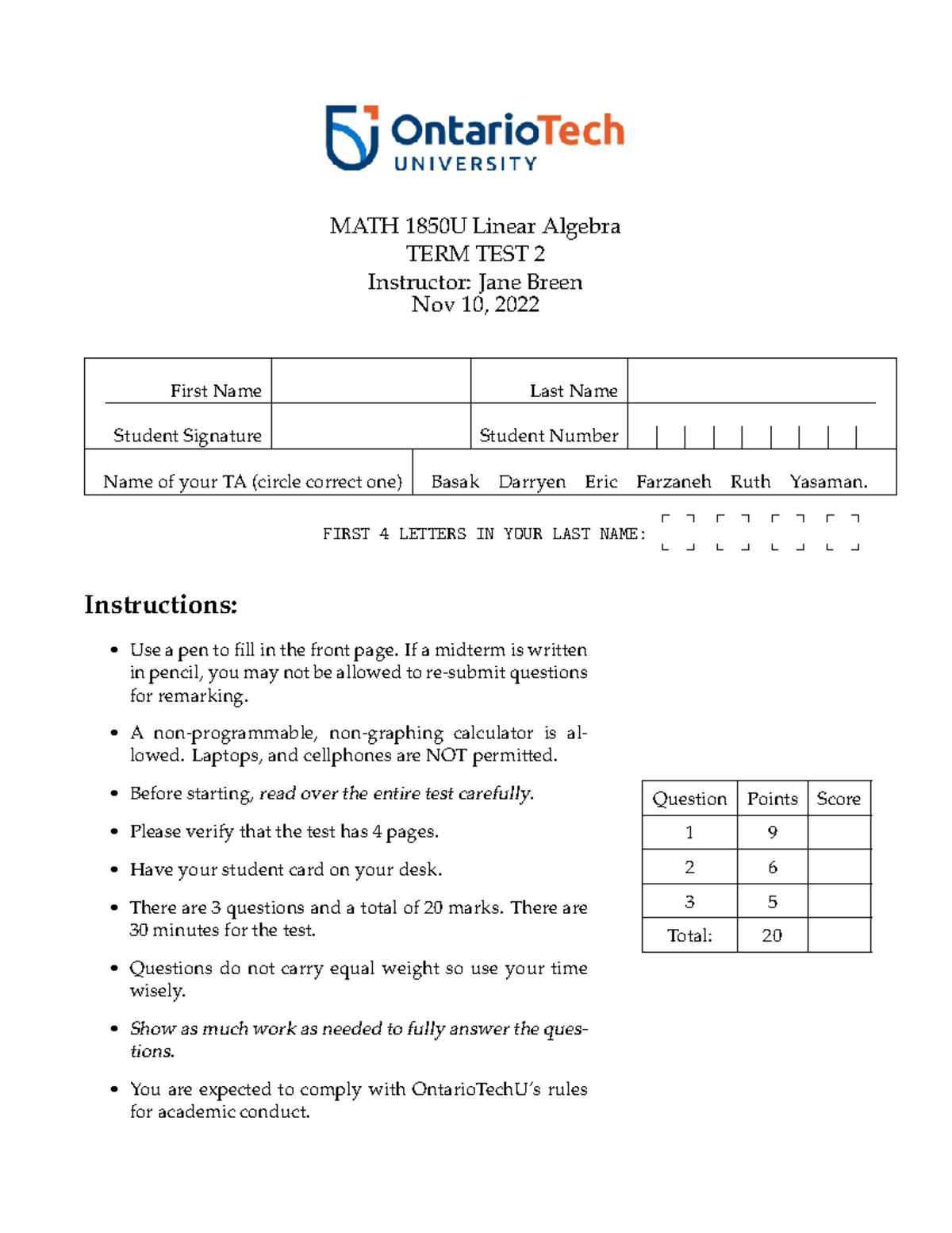 MATH 1850U Linear Algebra Term Test 2 - Nov 10, 2022 - Studocu