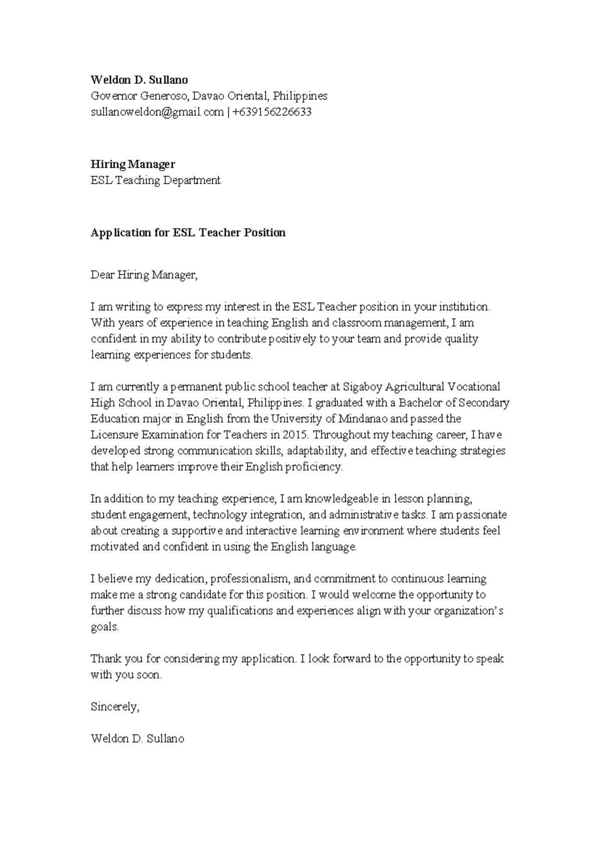 ESL Teacher Application Letter - Weldon D. Sullano - Studocu