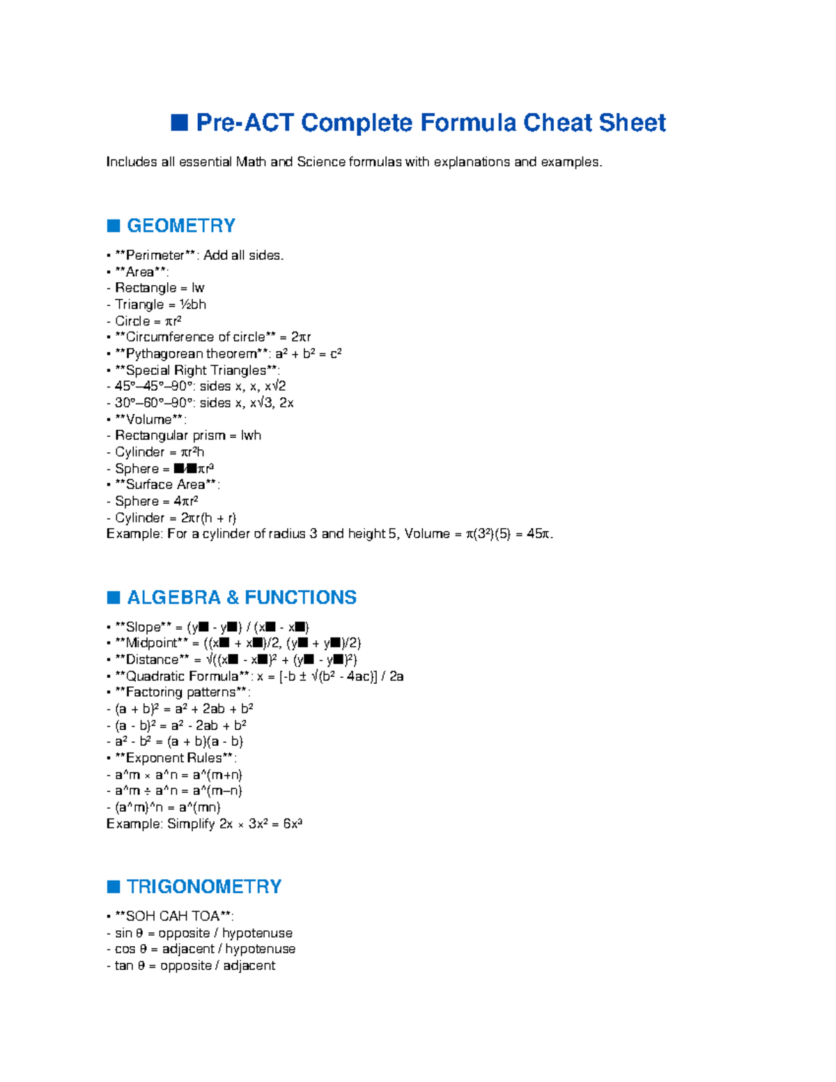 Pre-ACT Complete Math & Science Formula Cheat Sheet - Studocu