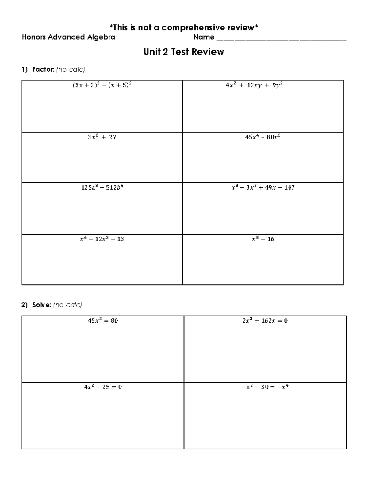 Honors Advanced Algebra Unit 2 Test Review - Factoring - Studocu