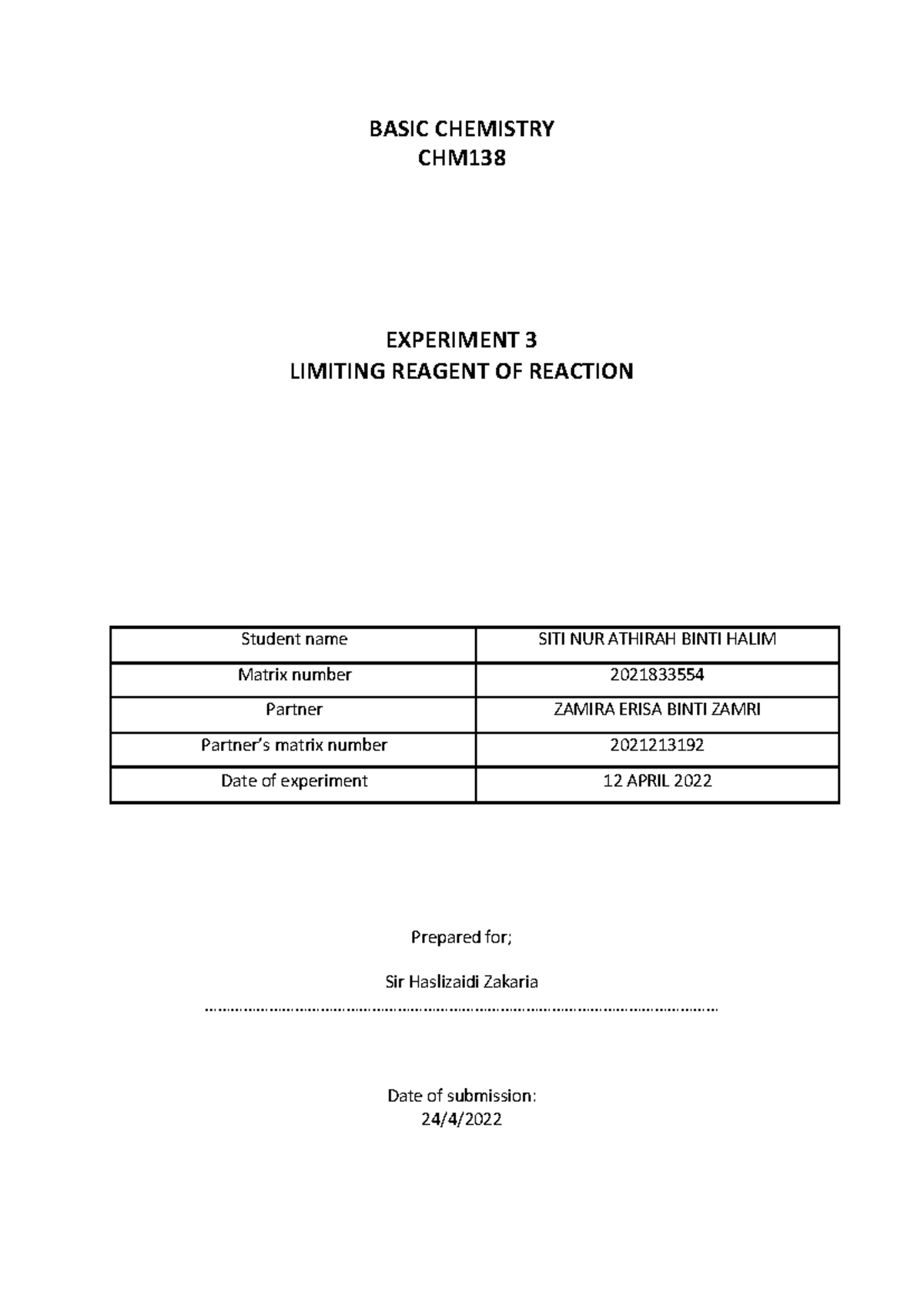 CHM138 Experiment 3: Determining Limiting Reagent in Reaction - Studocu