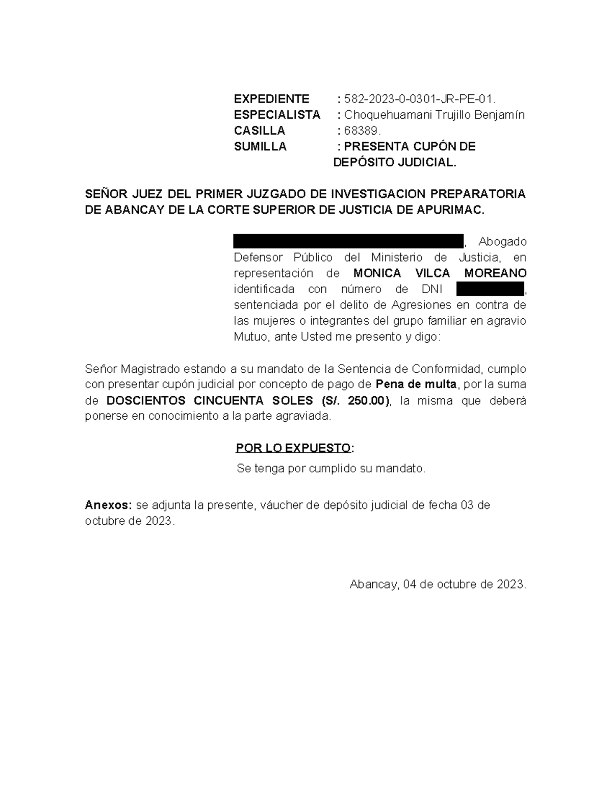 Modelo de Escrito de Pago de Pena multa - EXPEDIENTE : 582-2023-0-0301 ...