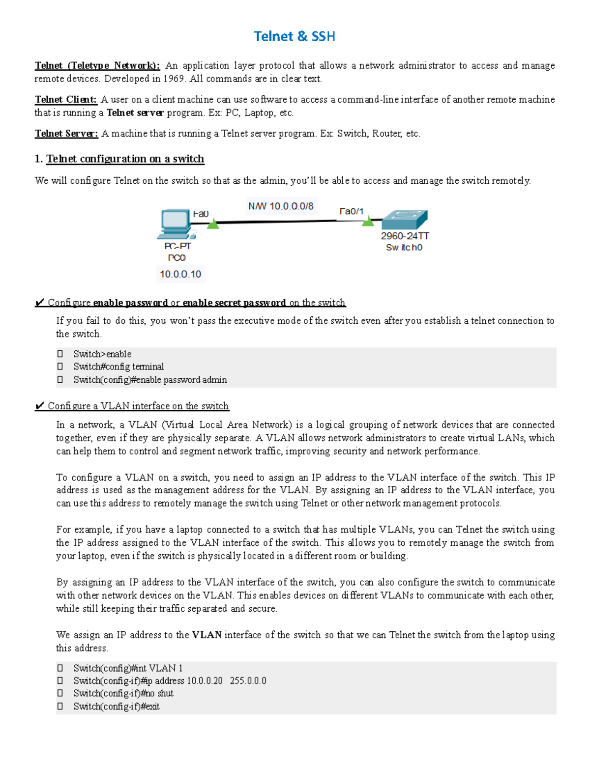 Telnet and SSH Configuration Guide for Networking (Course Code: NET101) - Studocu