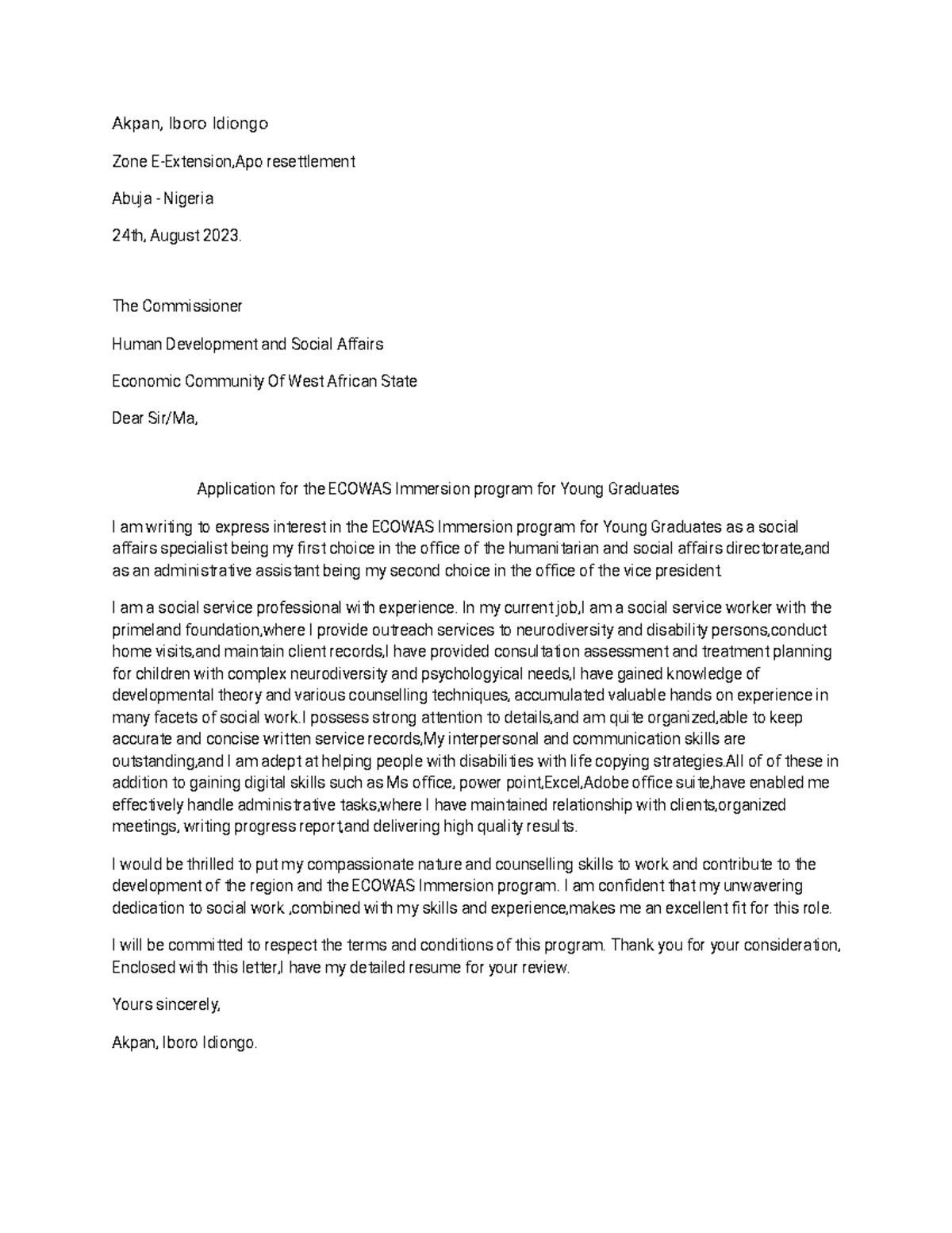 ECOWAS Immersion Program Cover Letter Application - Studocu