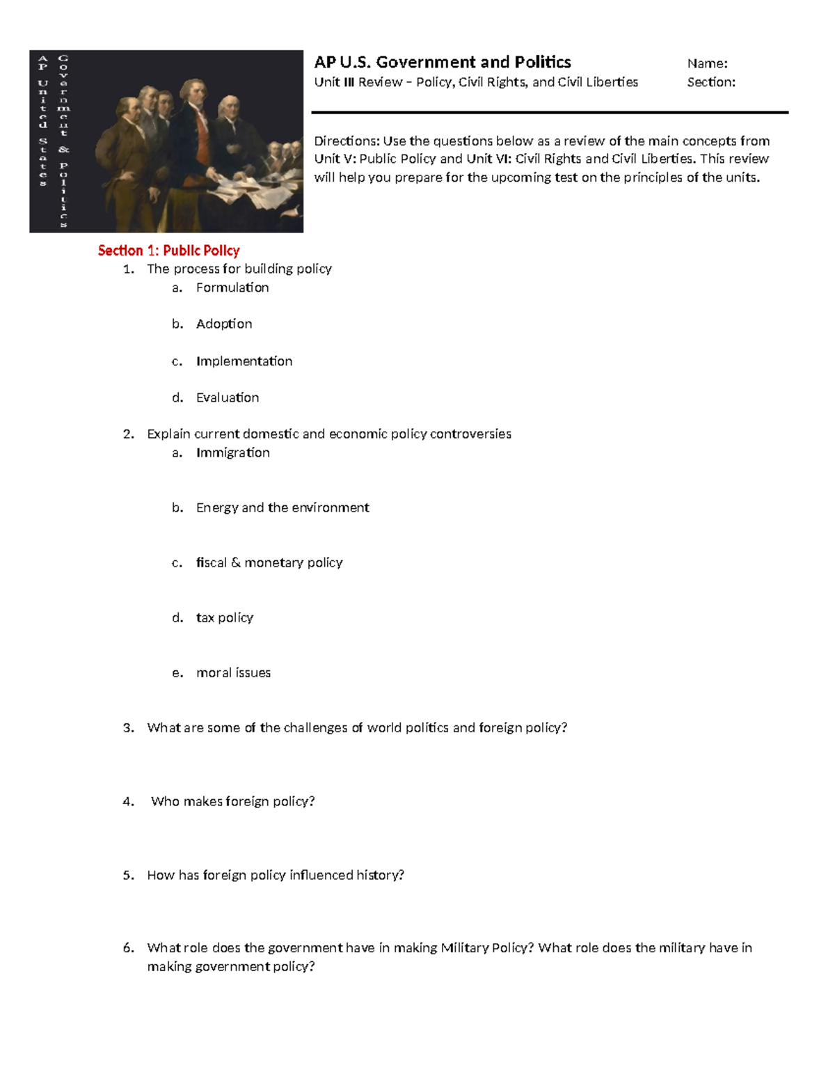 AP U.S. Government & Politics Unit V & VI Review Guide: Policy, Civil ...