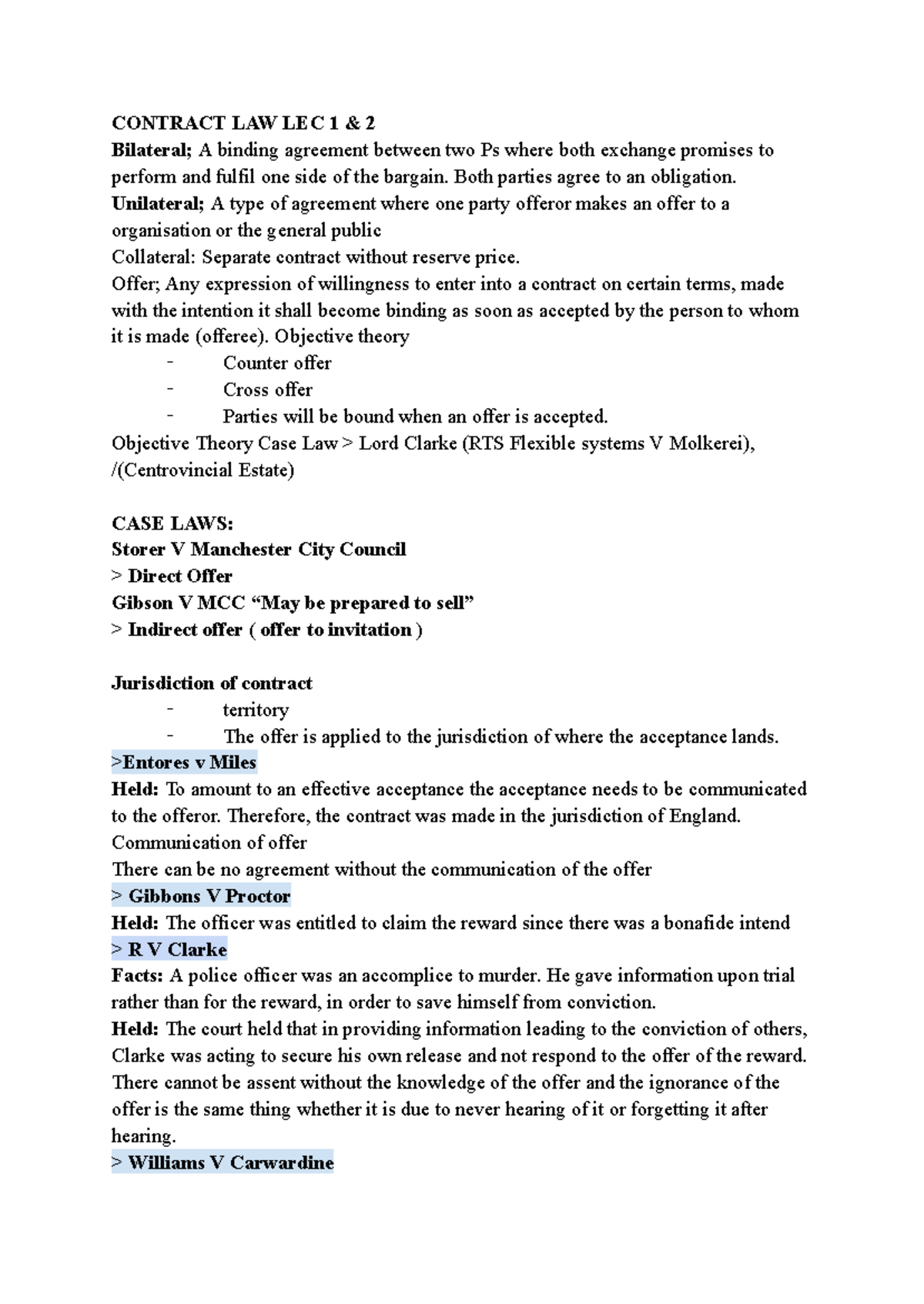 Contract Law LEC 1 & 2: Key Concepts and Case Summaries - Studocu
