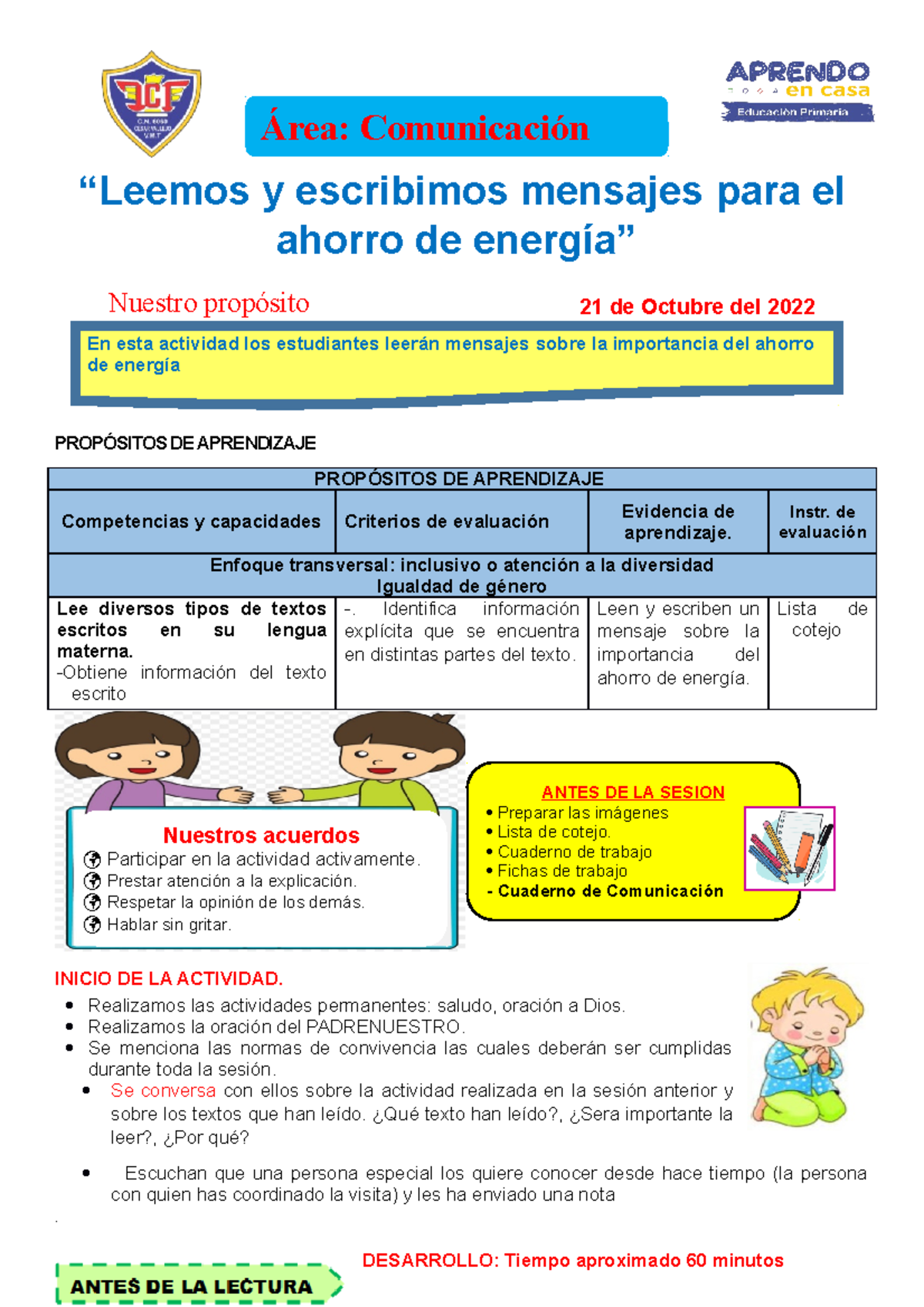 “Leemos y escribimos mensajes para el ahorro de energía” - “Leemos y escribimos mensajes para el ...