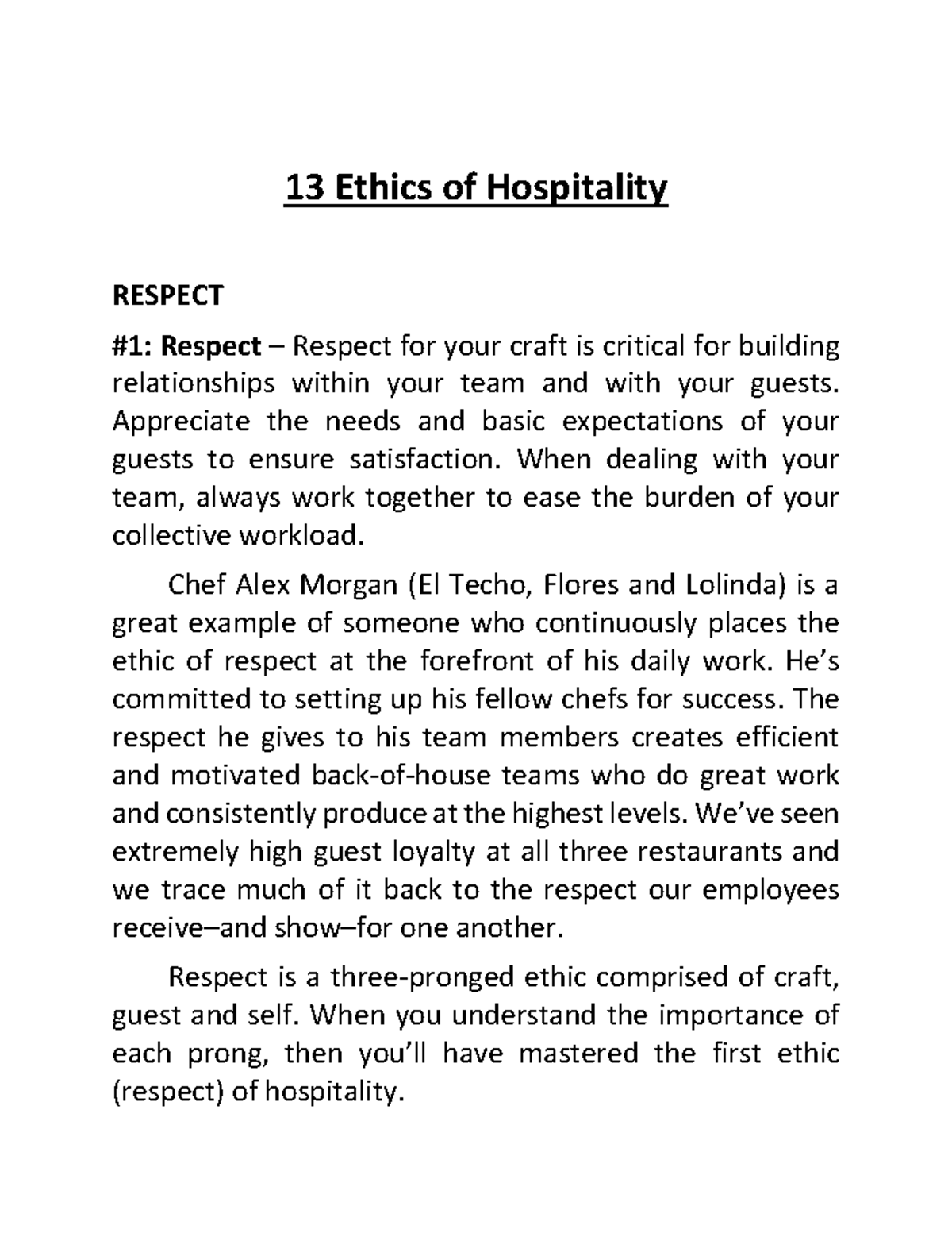 13 Ethics of Hospitality - 13 Ethics of Hospitality RESPECT #1: Respect ...
