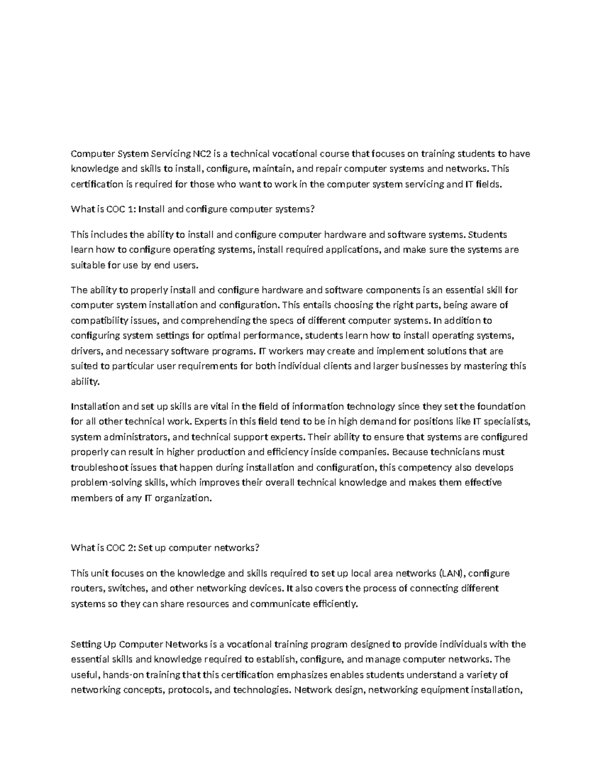 NC2 - COC 1 to 4: Computer System Servicing Overview and Skills - Studocu