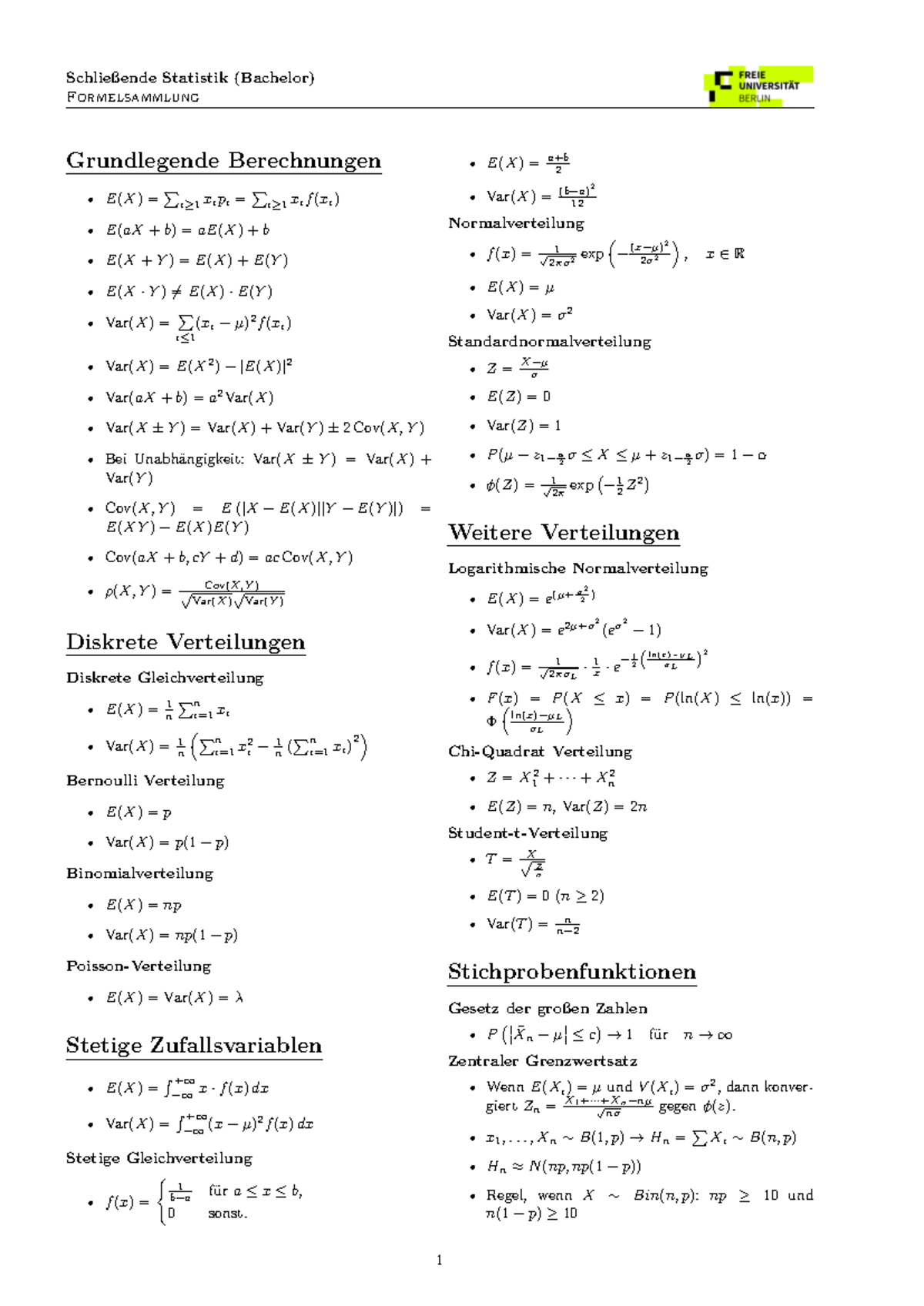 Statistik 2 (Bachelor) Formelsammlung zur Schließenden Statistik - Studocu