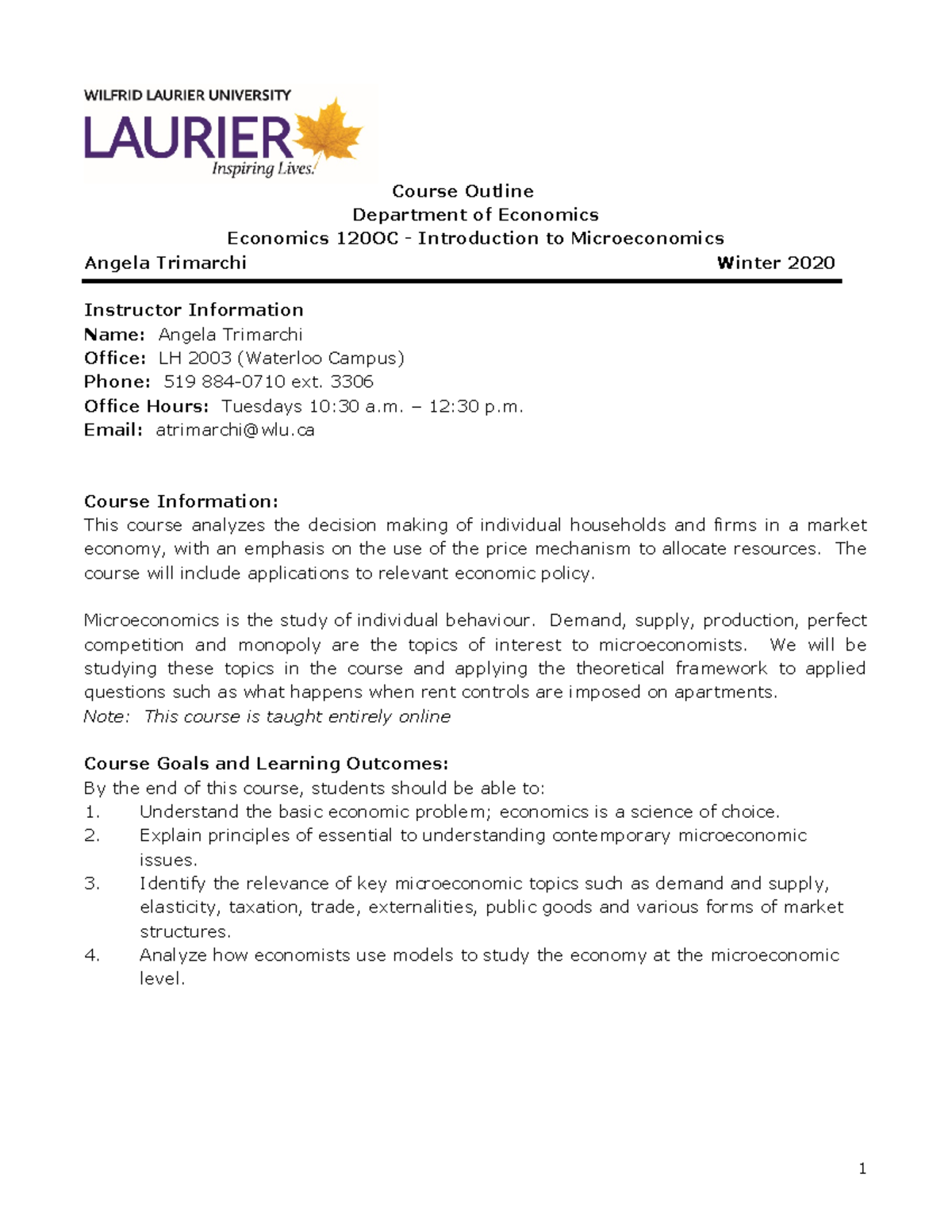 EC120 - Course Outline W20- Revised - Course Outline Department of Economics Economics 120OC ...