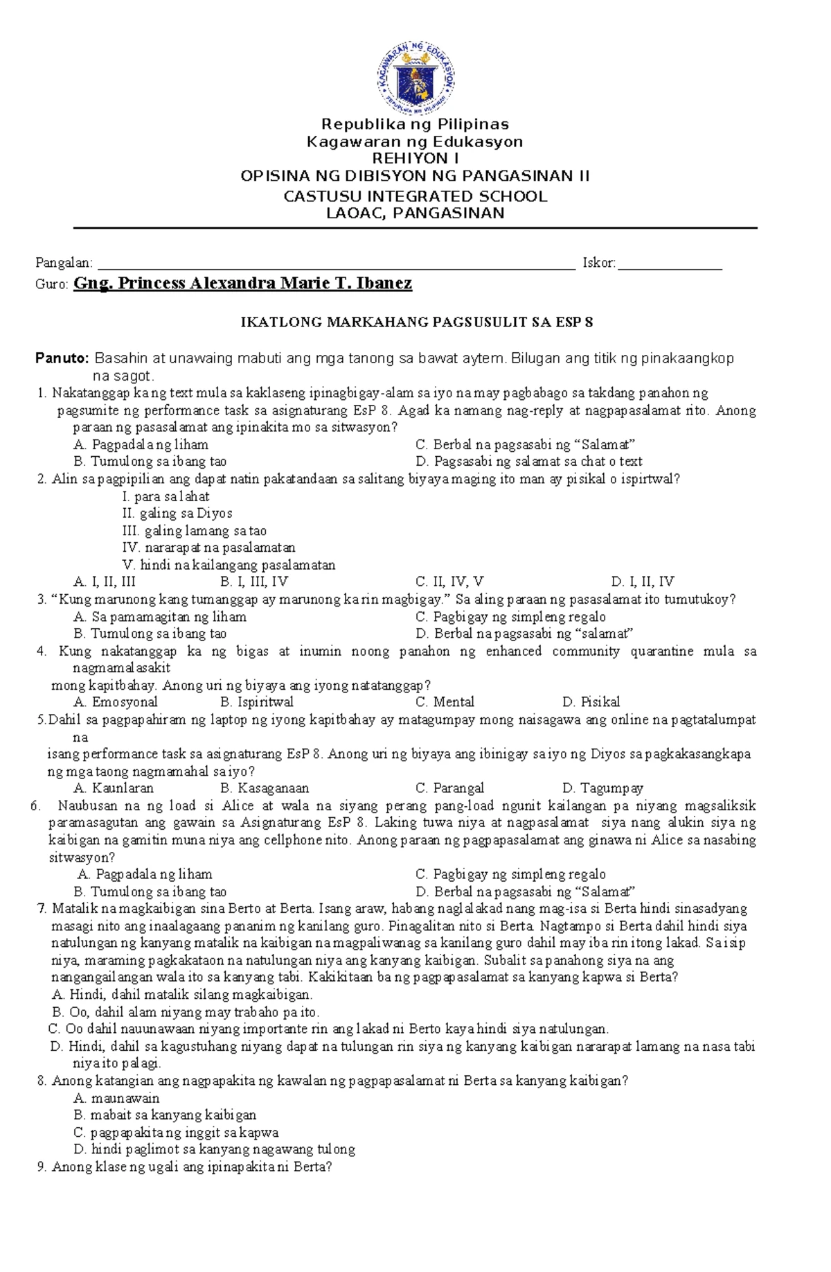 Fil 10 - 1st Quarter Examination Review and Practice Questions - Studocu