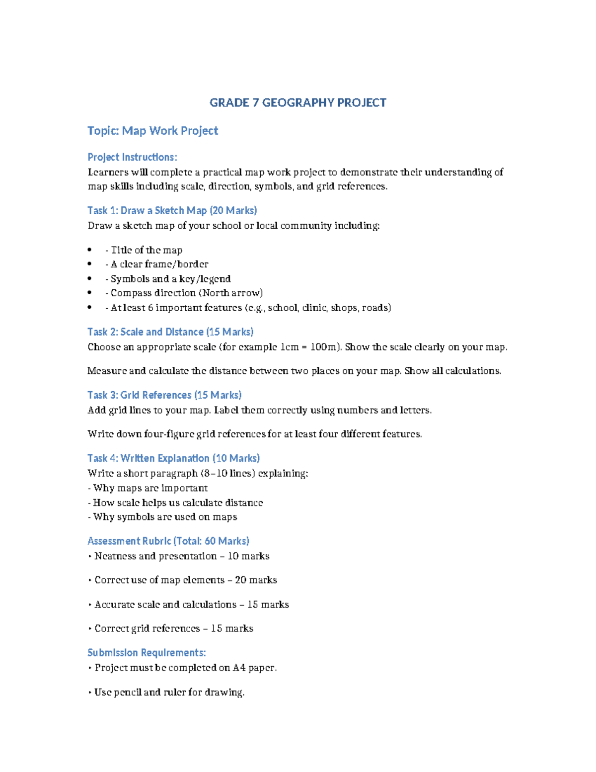 Grade 7 Geography Project: Map Work Instructions and Guidelines - Studocu