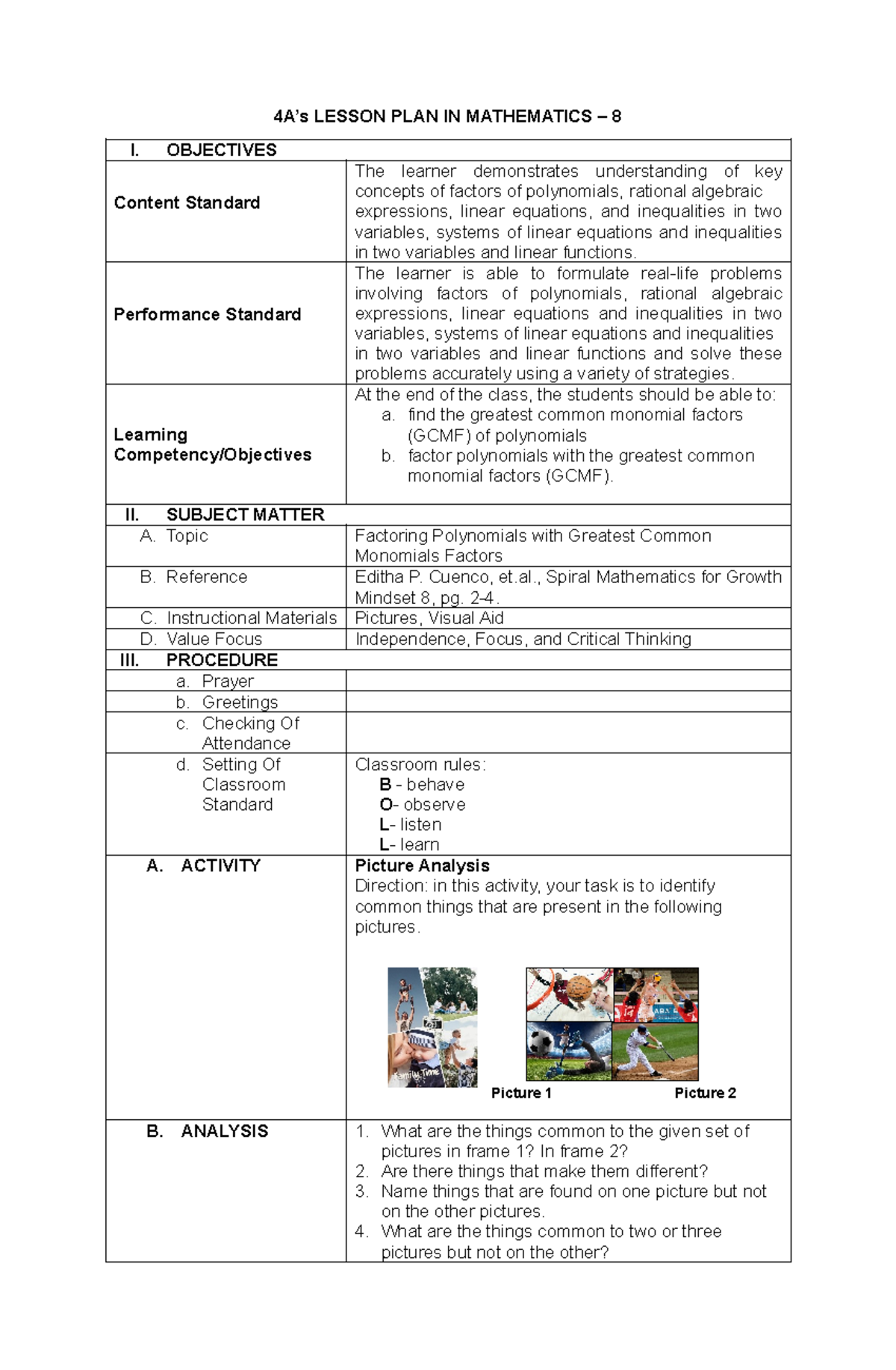 4A's Lesson PLAN IN Mathematics - 8 [FOR Demonstration] - 4A’s LESSON ...