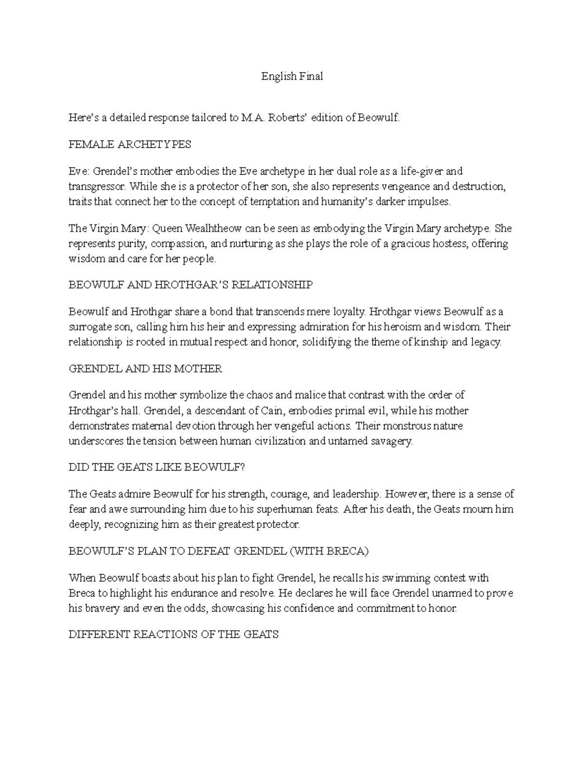 English Final Exam Notes on Beowulf: Themes, Characters, and Analysis ...